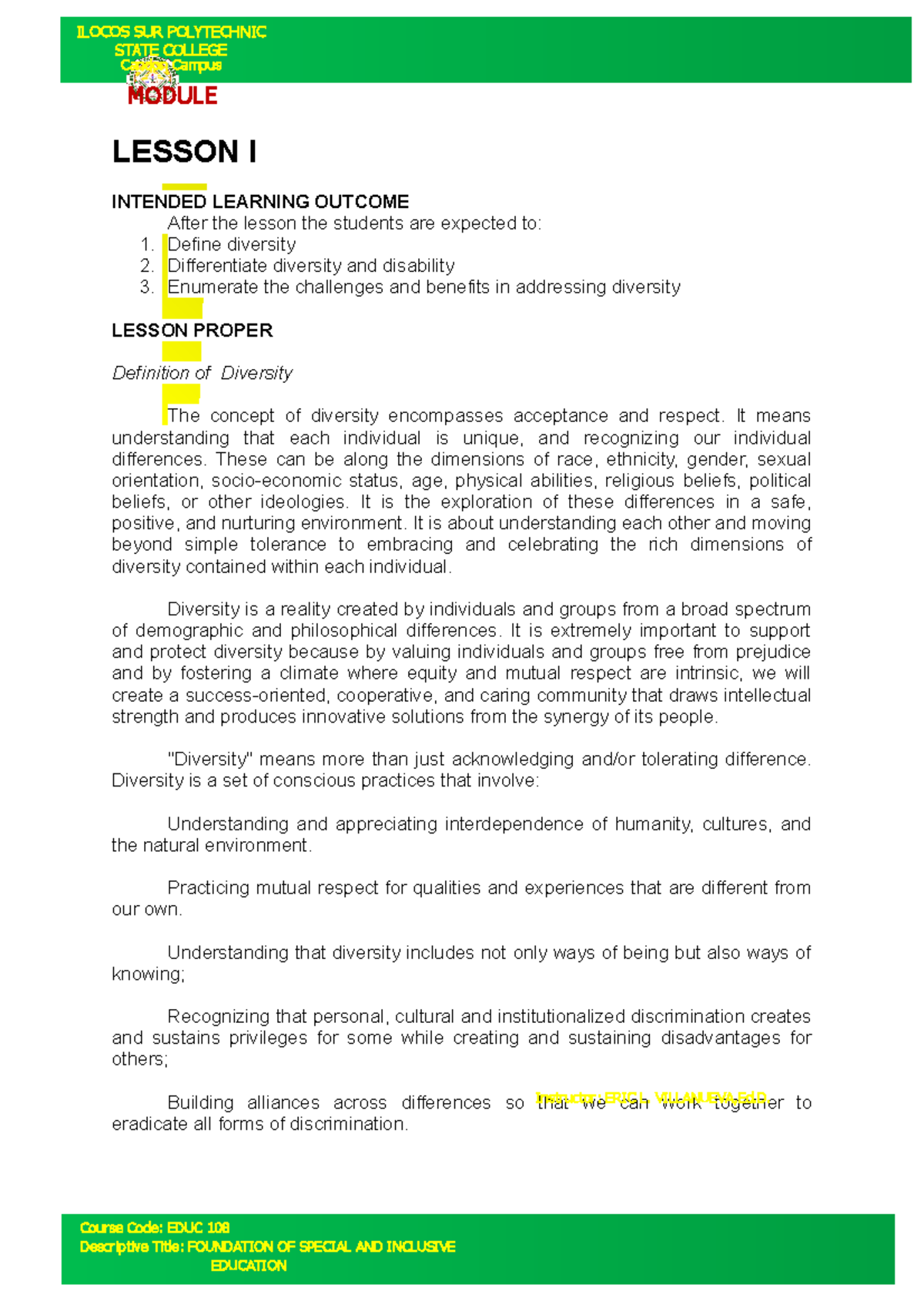 EDUC 108 - Module Format - LESSON I INTENDED LEARNING OUTCOME After the ...