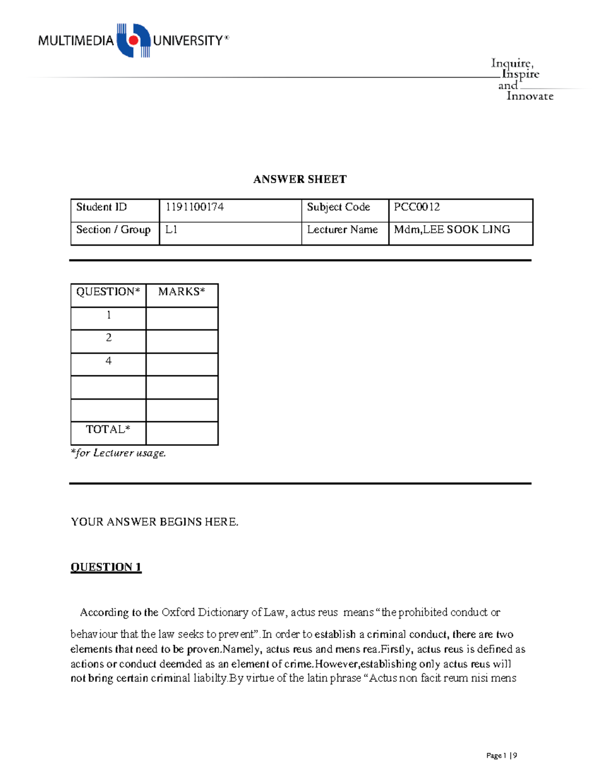 PCC0012 L1-converted - Student ID 1191100174 Subject Code PCC Section ...
