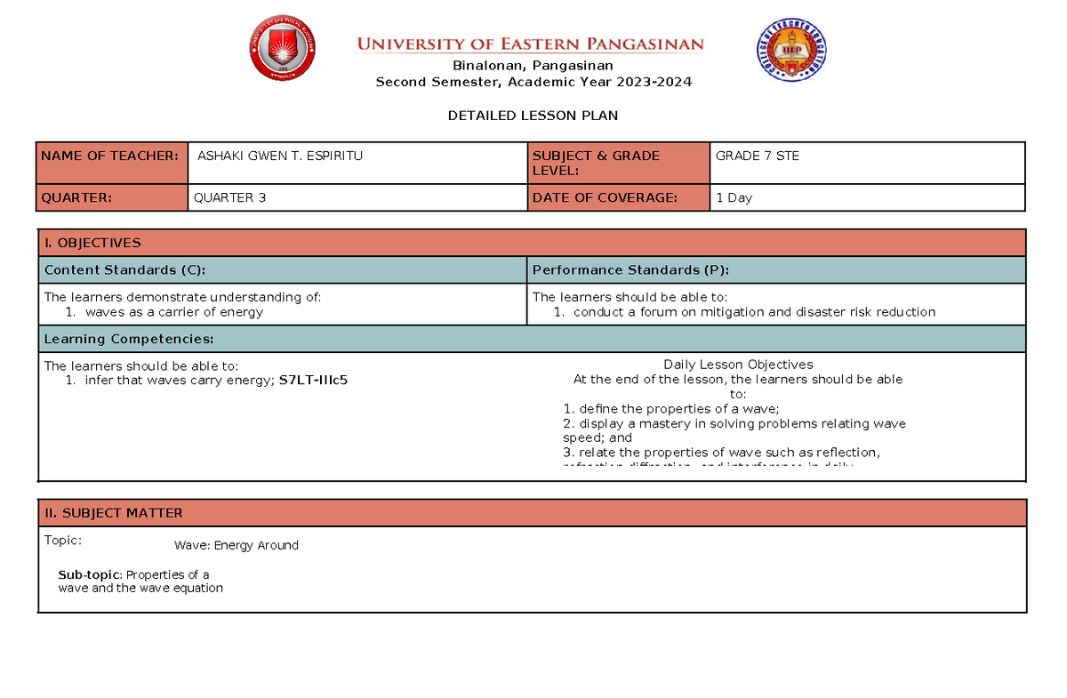 Wave Equation - Second Semester, Academic Year 2023- DETAILED LESSON ...