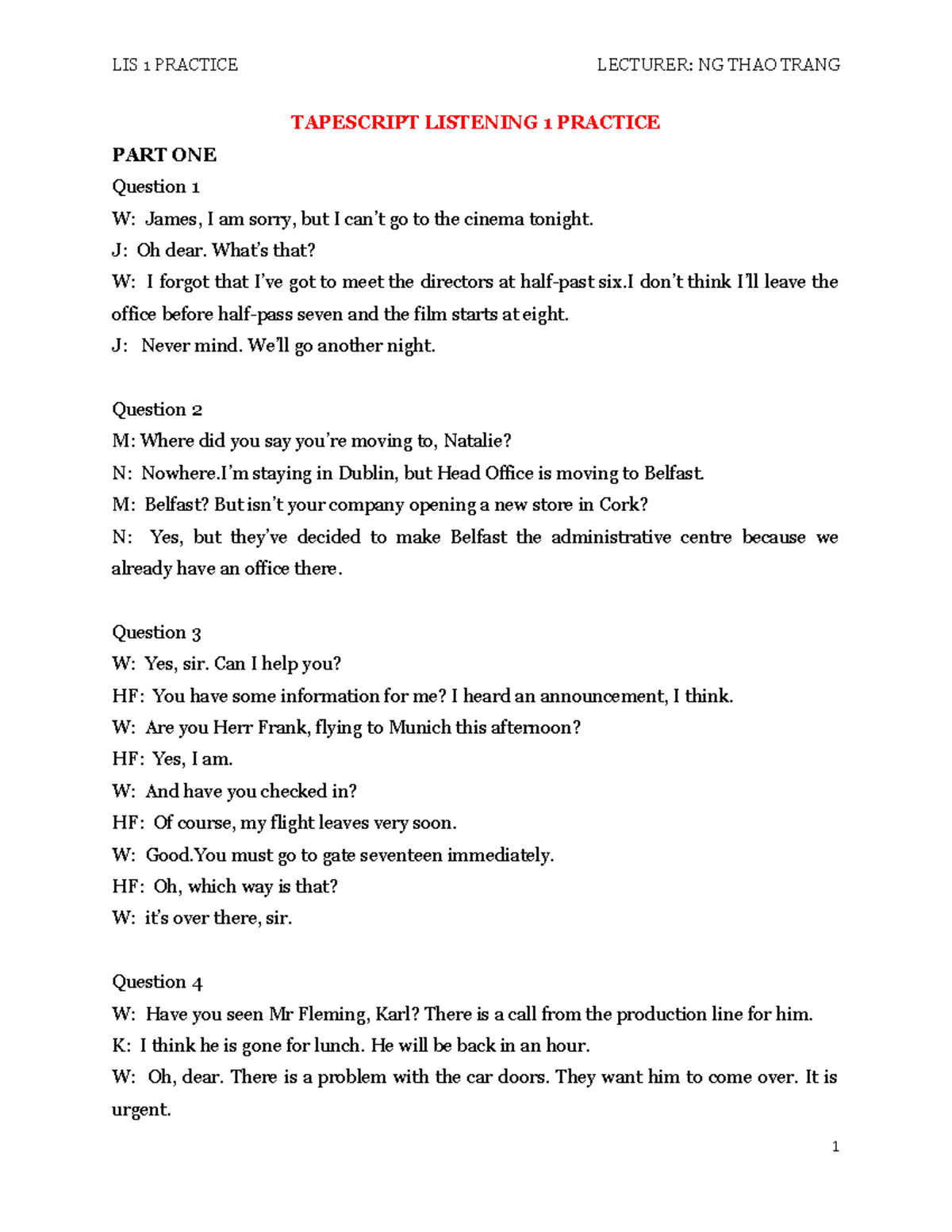 Tapescript Listening 1 Practice - TAPESCRIPT LISTENING 1 PRACTICE PART ...