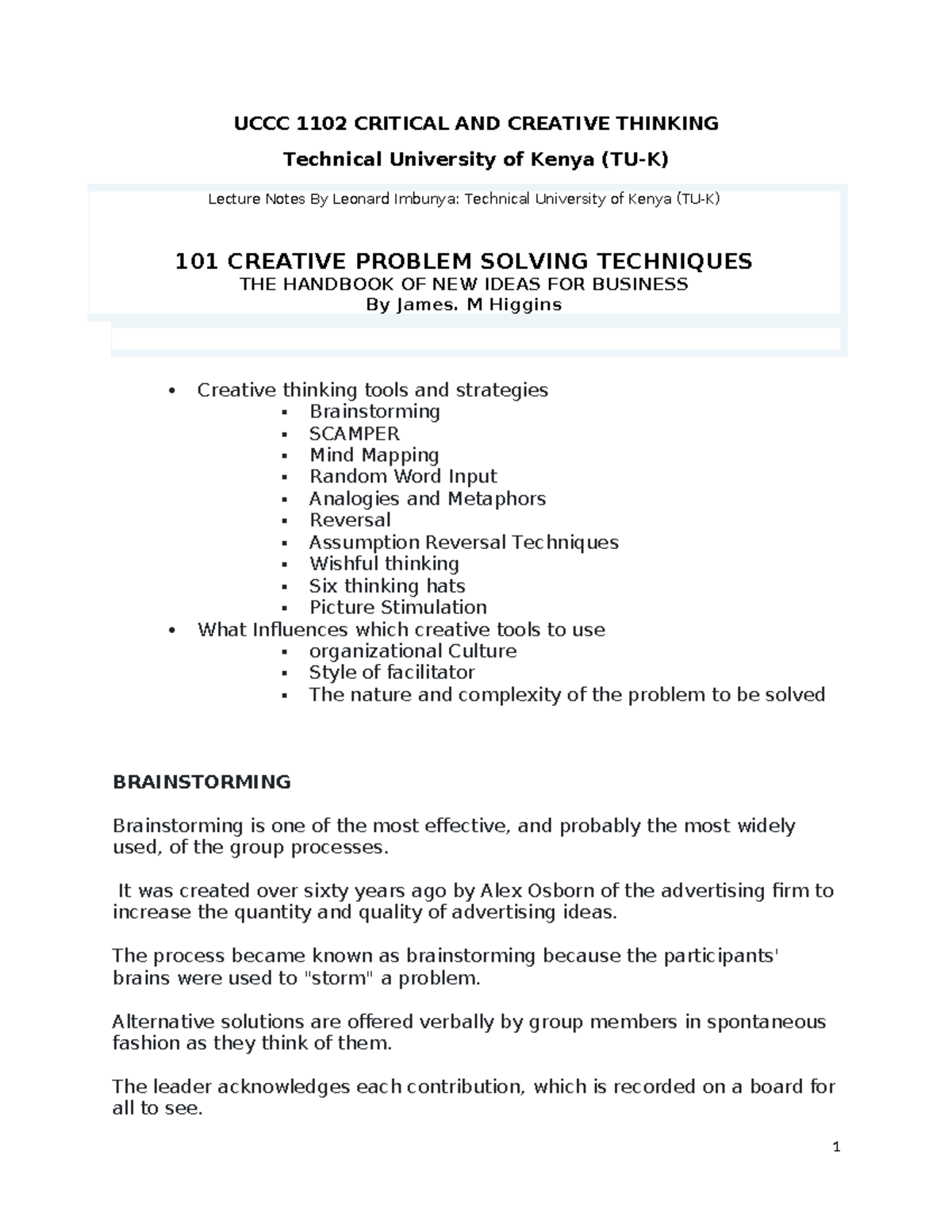 101 Problem Solving Techniques Scamper - UCCC 1102 CRITICAL AND CREATIVE THINKING Technical ...