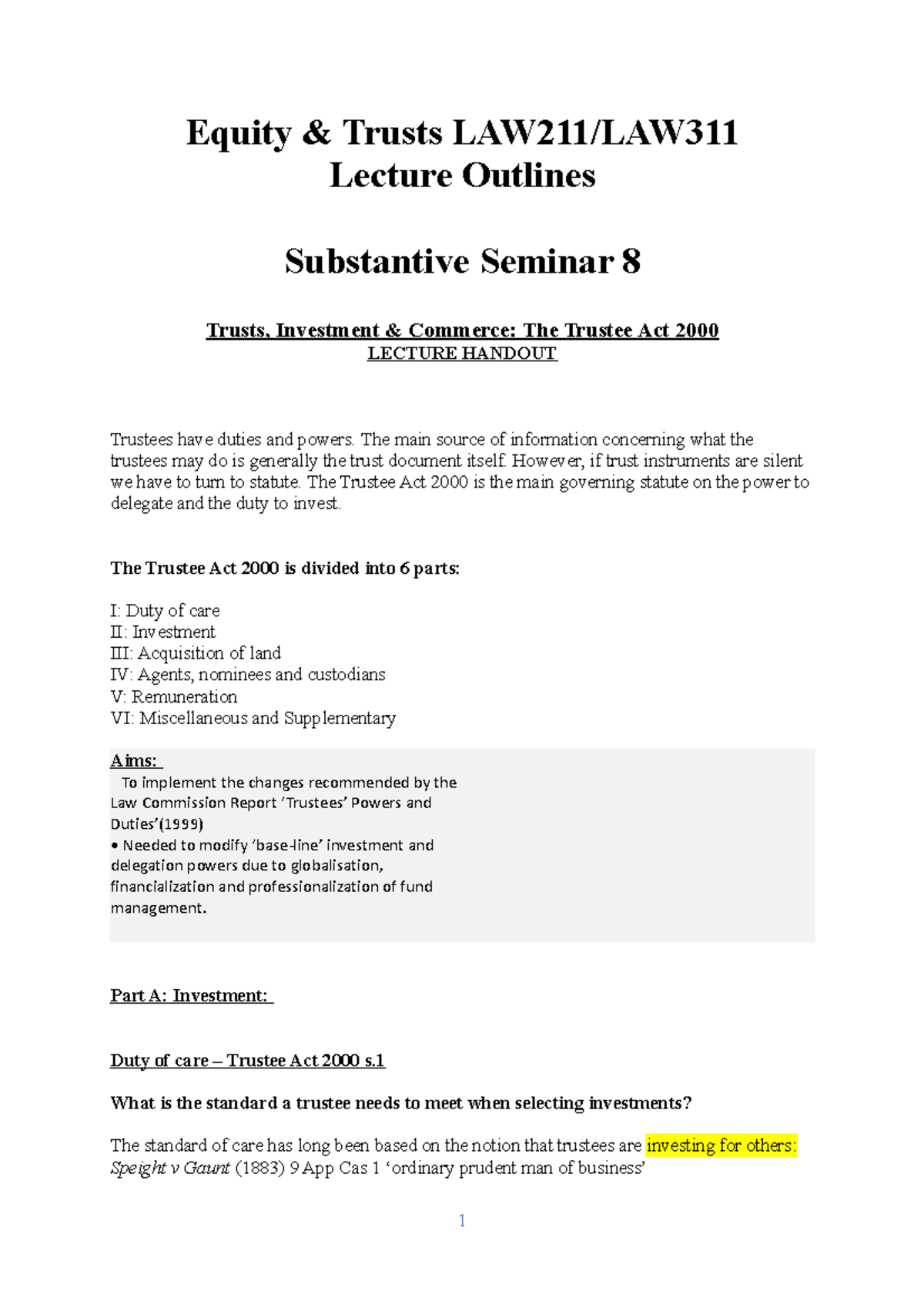 TA2000 student handout - Equity & Trusts LAW211/LAW Lecture Outlines Substantive Seminar 8 - Studocu