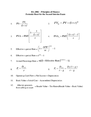 Ba2802 Formula Sheet 1 - Finance - BA 2802 – Principles of Finance Formula Sheet for the First ...