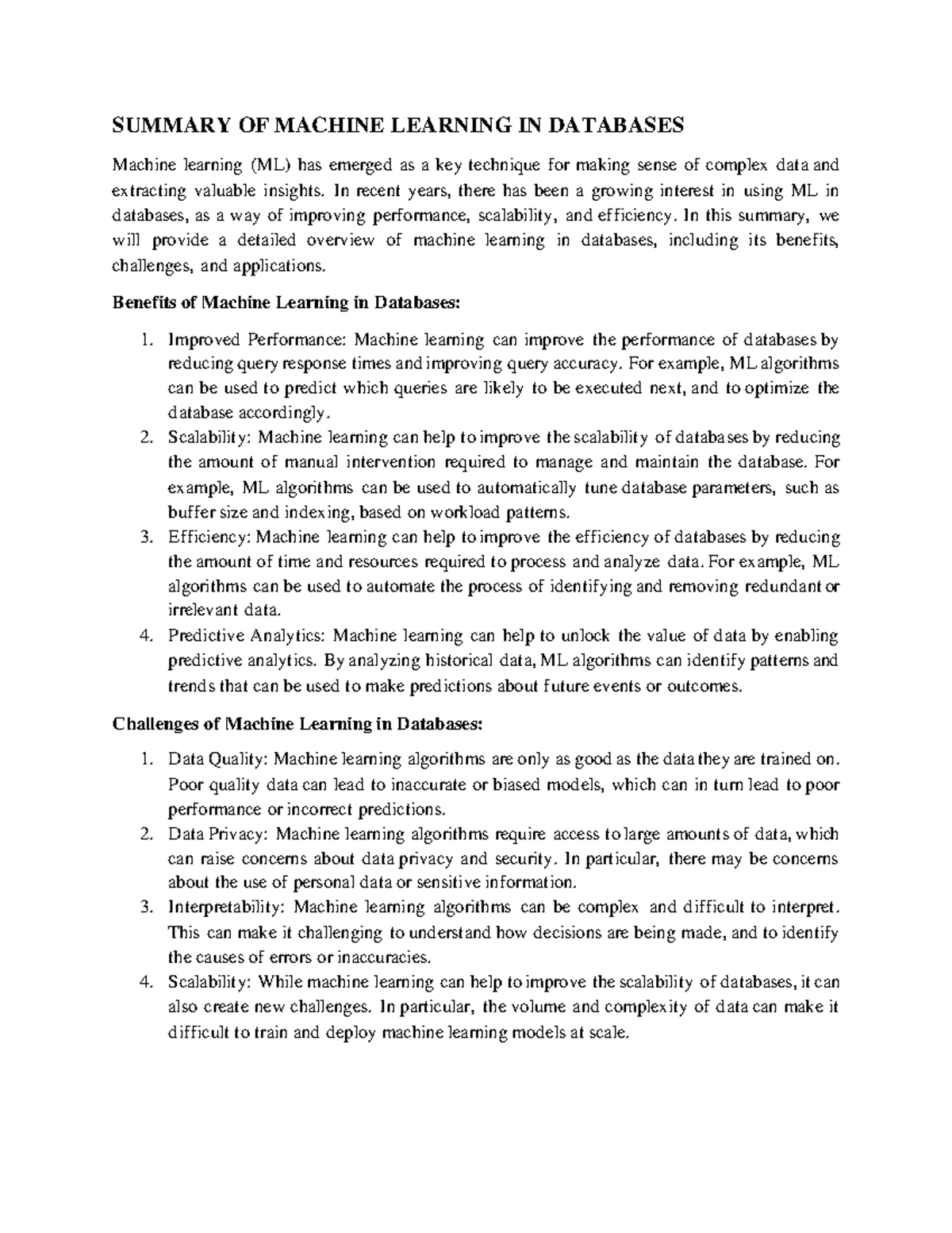 Summary of Machine Learning in Databases - SUMMARY OF MACHINE LEARNING IN DATABASES Machine ...