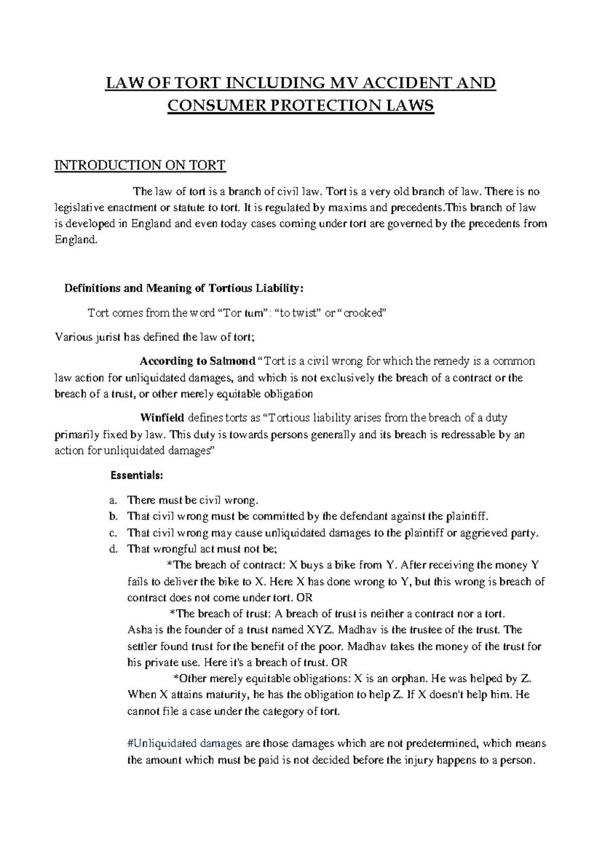Law of tort notes 2 - LAW OF TORT INCLUDING MV ACCIDENT AND CONSUMER ...