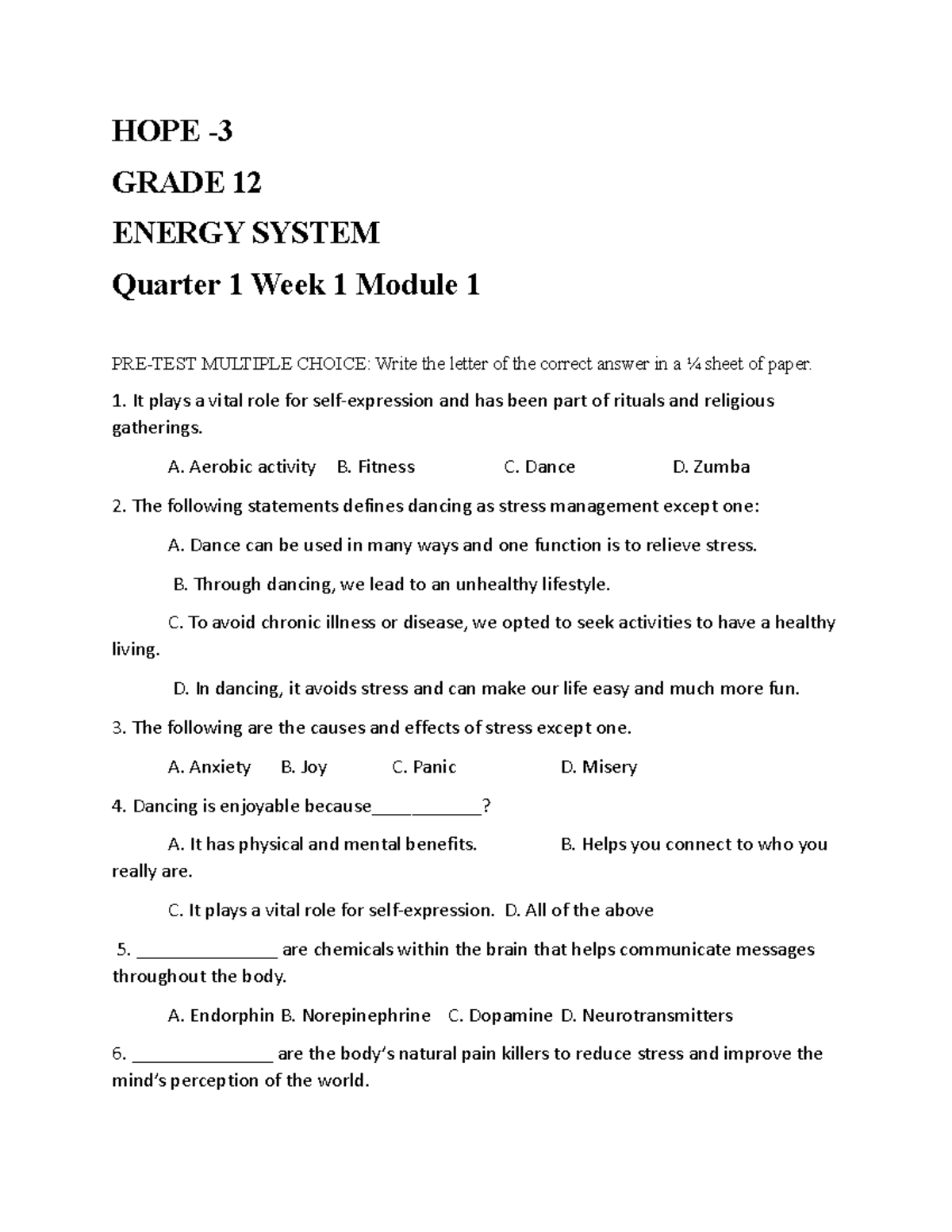 PE 12 LAS 2 - sheesh - HOPE - GRADE 12 ENERGY SYSTEM Quarter 1 Week 1 ...