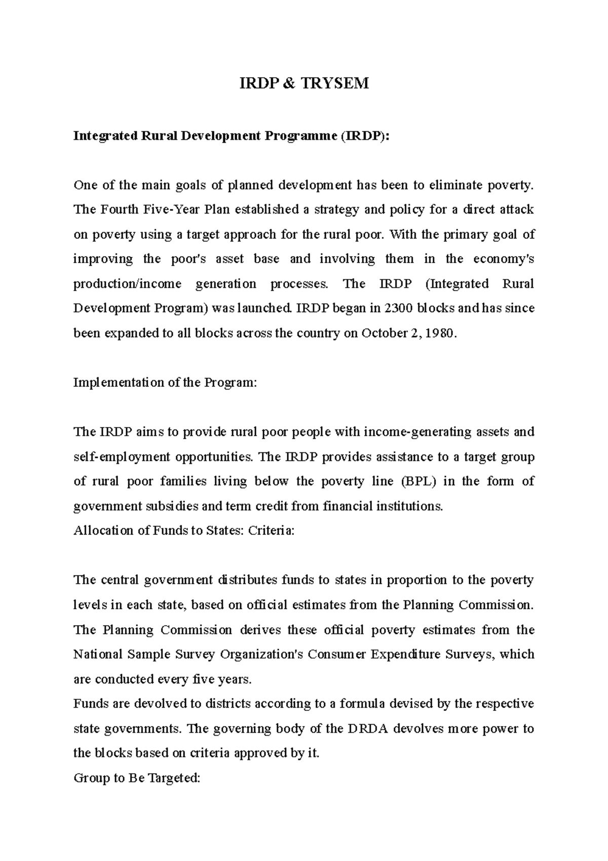 IRDP & Trysem - Lecture notes 6 - IRDP & TRYSEM Integrated Rural ...