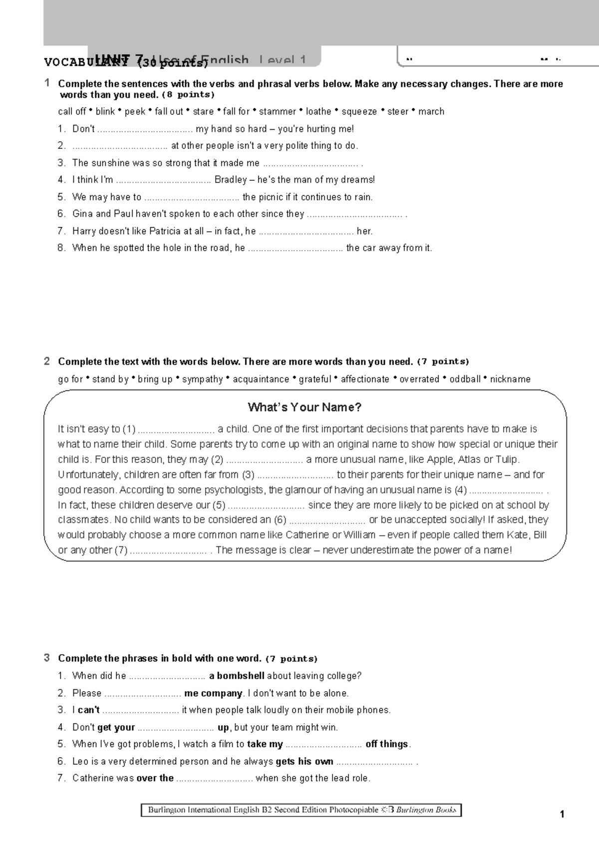 Unit 7 Level 1 - AAAAAAA - UNIT 7 Use of English Level 1 N M k ...