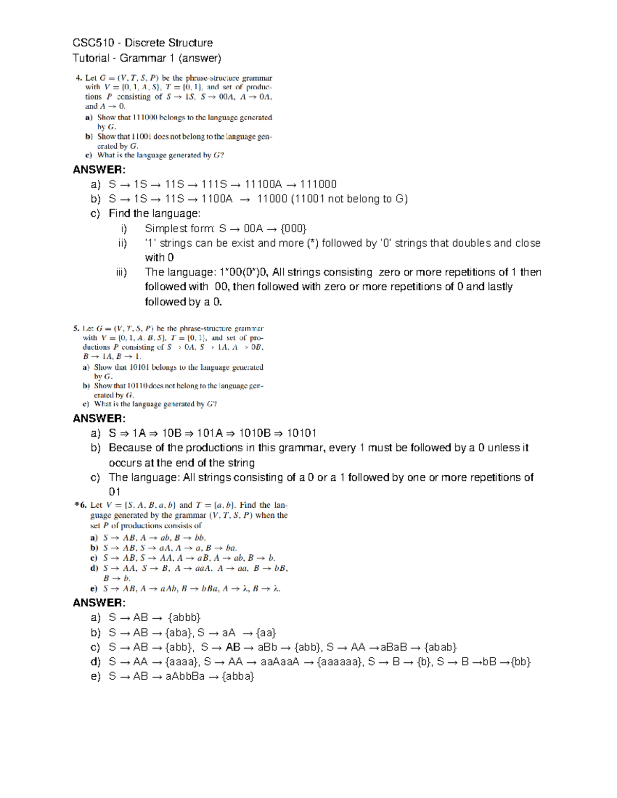 CSC510 - Tutorial 8 - Grammar 1 (answer) - CSC510 - Discrete Structure Tutorial - Grammar 1 ...