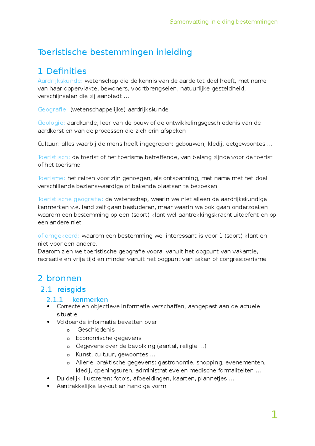 Samenvatting inleiding - Toeristische bestemmingen inleiding 1 ...