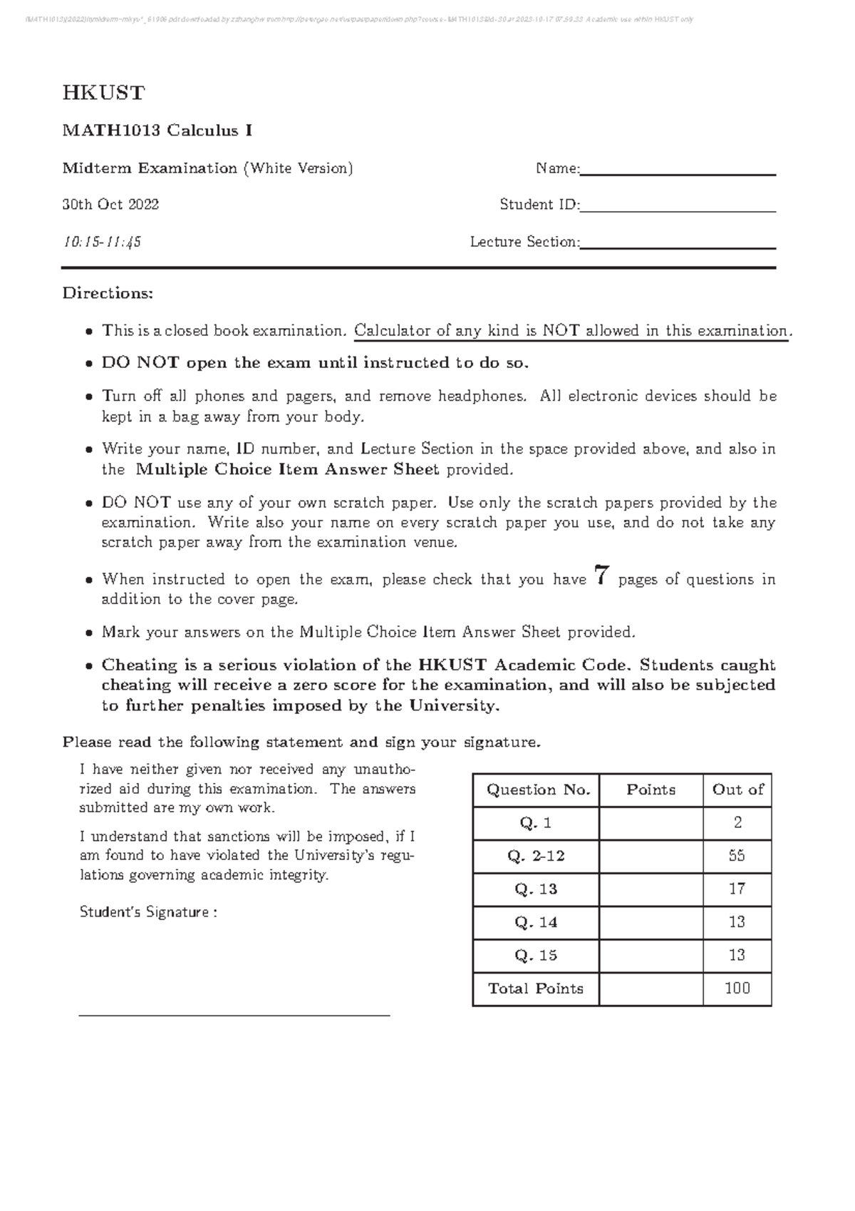 2022 midterm math1013 hkust - HKUST MATH1013 Calculus I Midterm Examination (White Version) Name ...