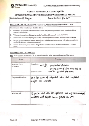 sci1020 assignment 1 solution - SCI1020 S2 20 20 ASSIGNMENT 1 SOLUTION Q a) Mean = 4 Median = 3 ...