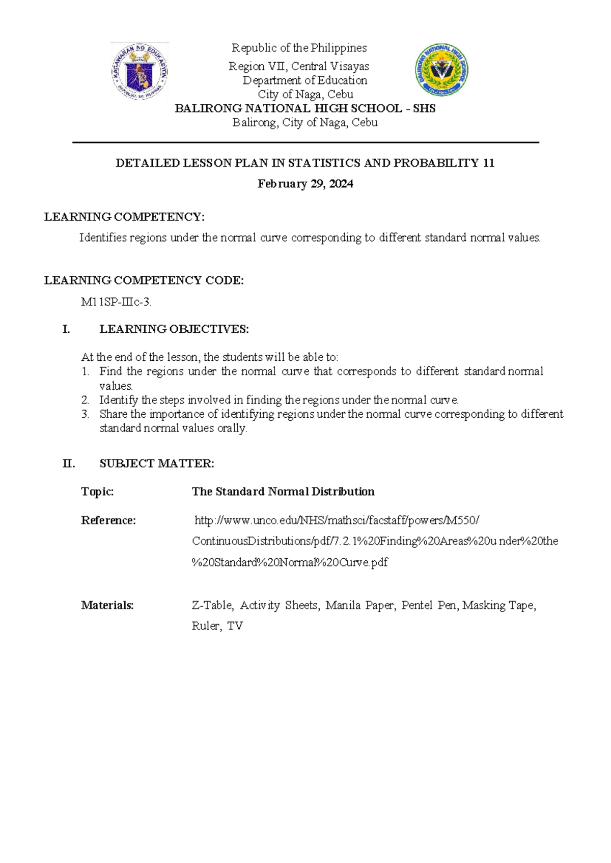 COT3 DLP-Identifying Regions in Normal Curve - Republic of the Philippines Region VII, Central ...