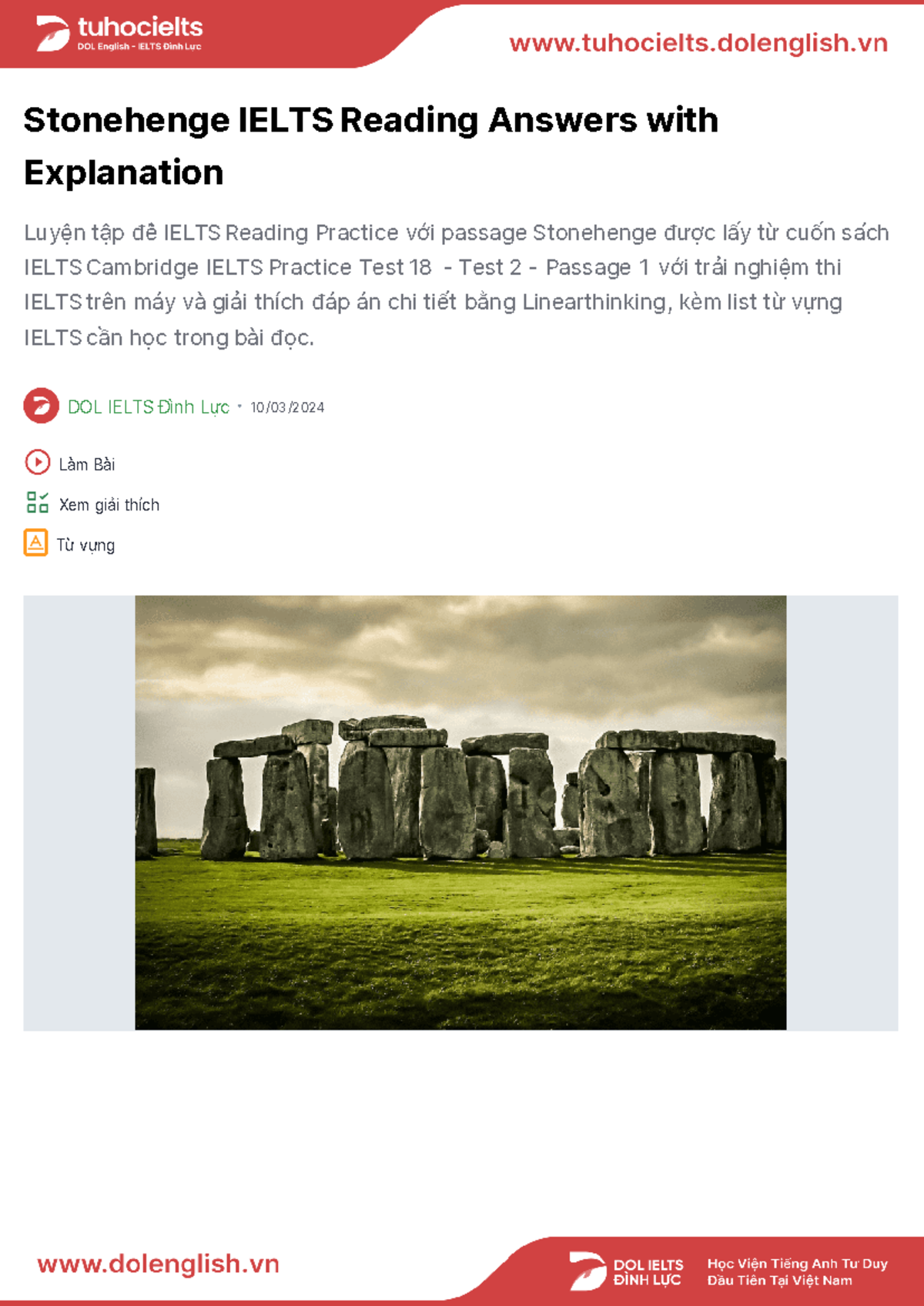 Stonehenge - ielts - DOL IELTS Đình Lực Stonehenge IELTS Reading ...