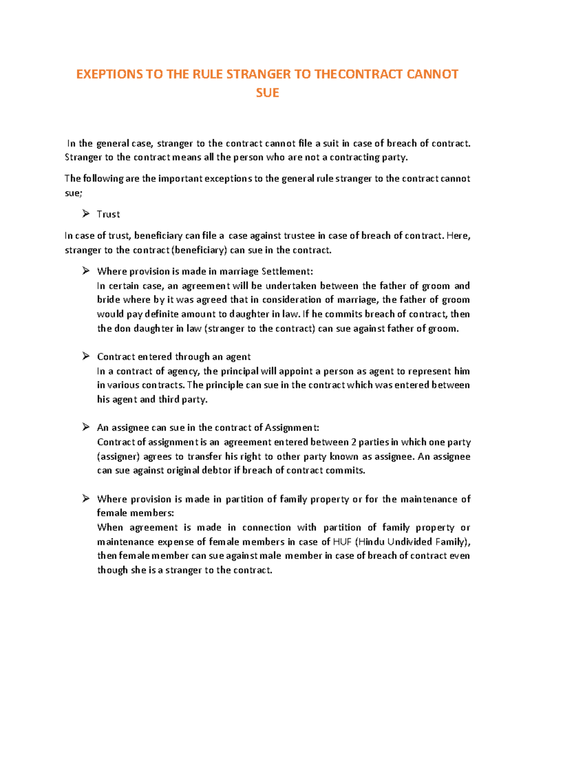 Exceptions to the rule stranger to the contract cannot sue - EXEPTIONS ...