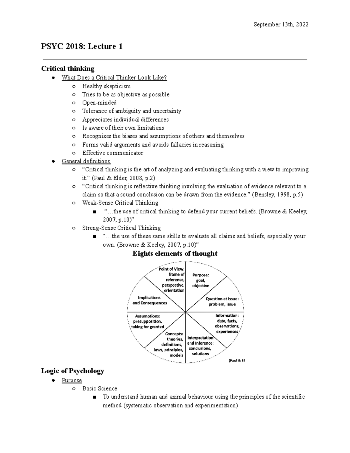 PSYC 2018 Lecture 1 (Sept 13th) - September 13th, 2022 PSYC 2018: Lecture 1 Critical thinking ...