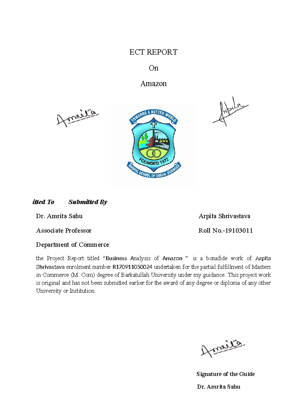 050 Arpita Shrivastava - ECT REPORT On Amazon itted To Submitted By Dr. Amrita Sahu Arpita - Studocu