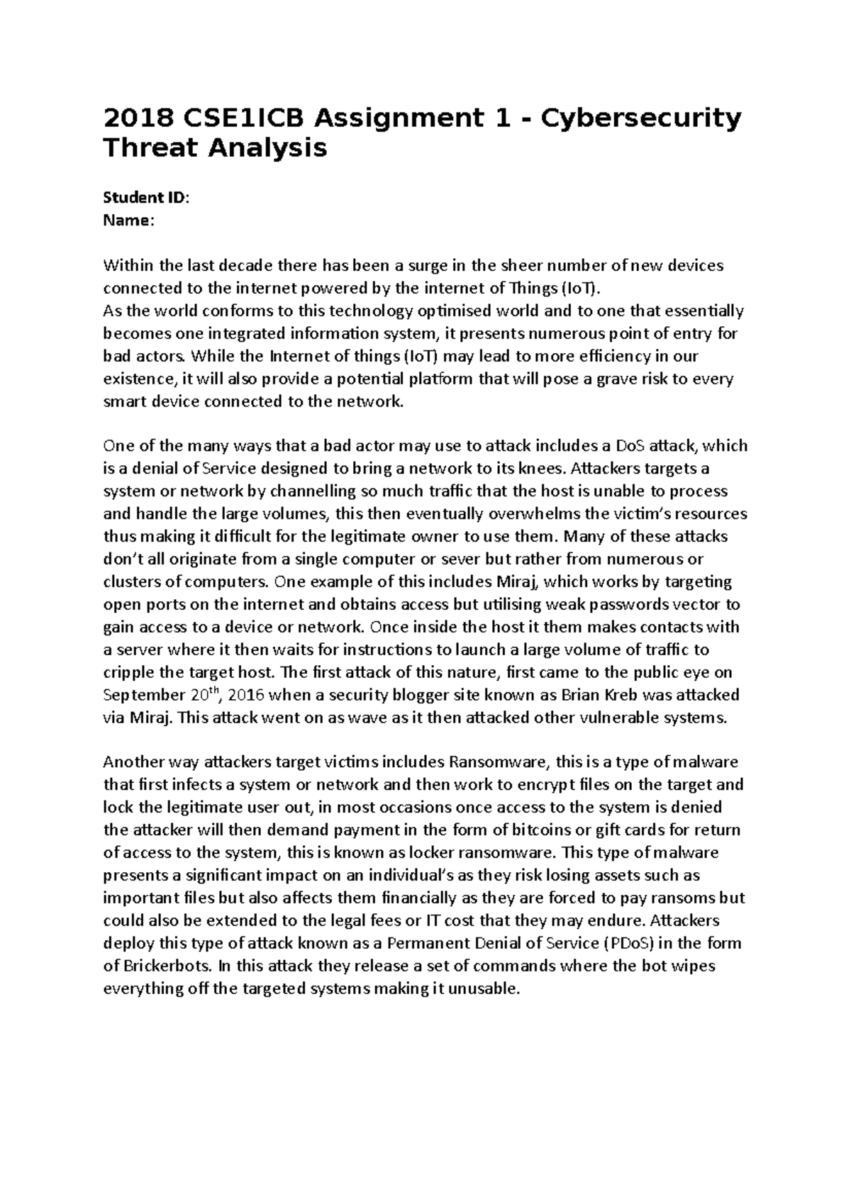 Assignment 1 CSE1ICB - Essay - 2018 CSE1ICB Assignment 1 - Cybersecurity Threat Analysis Student ...