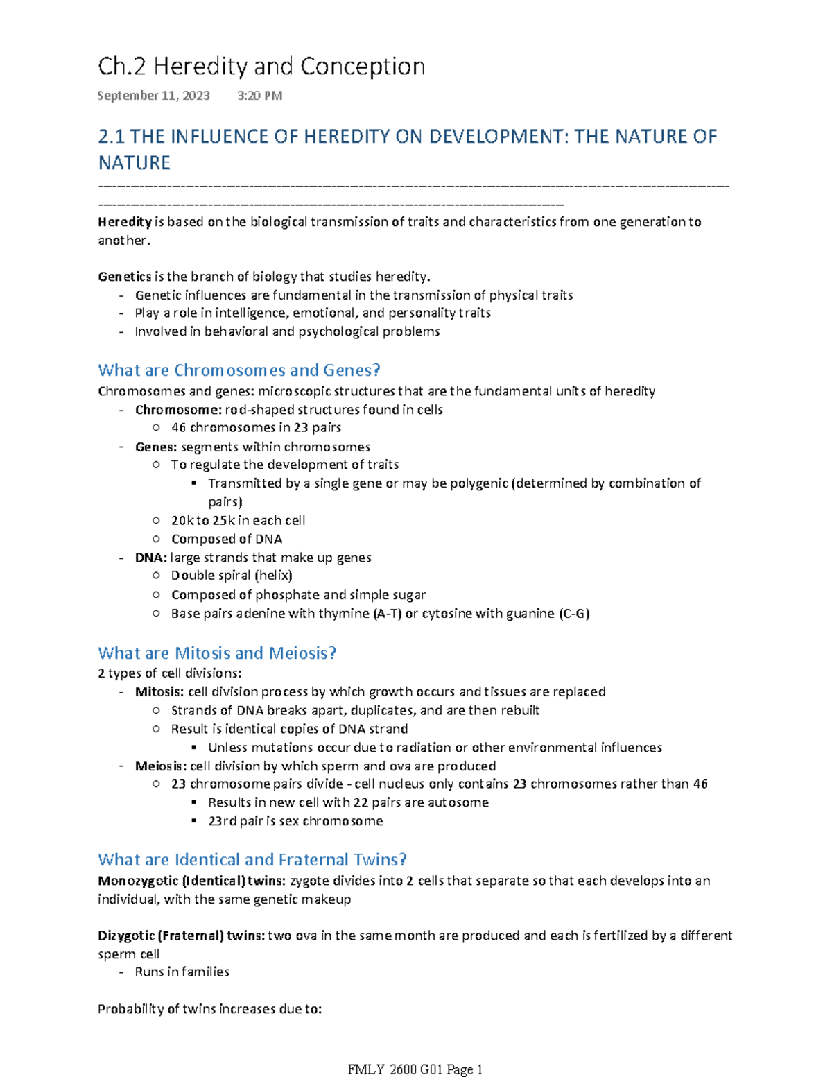 CH.2 - Notes - 2 THE INFLUENCE OF HEREDITY ON DEVELOPMENT: THE NATURE ...
