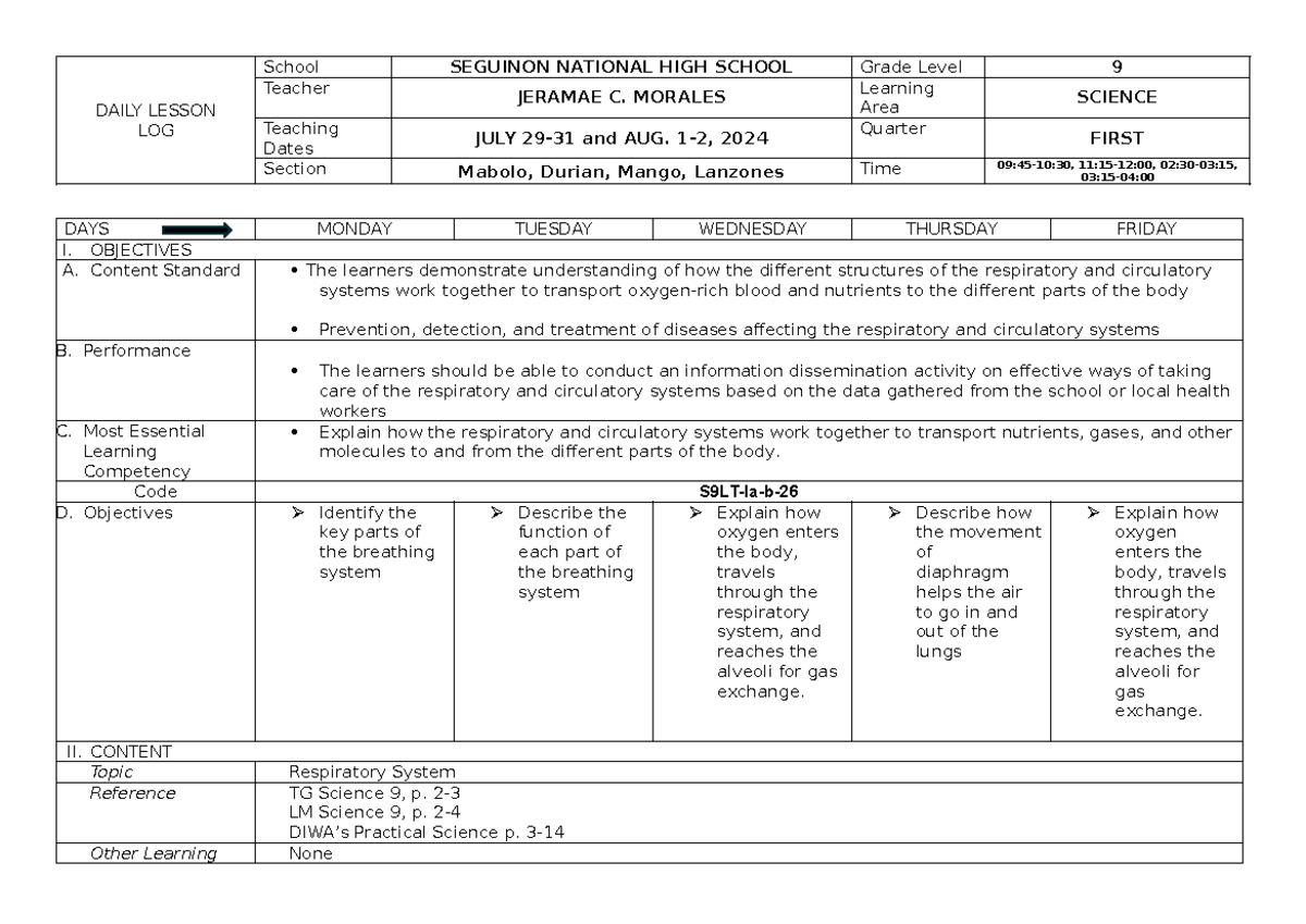 DLL July 29-August 2, 2024 Respiratory system - DAILY LESSON LOG School ...