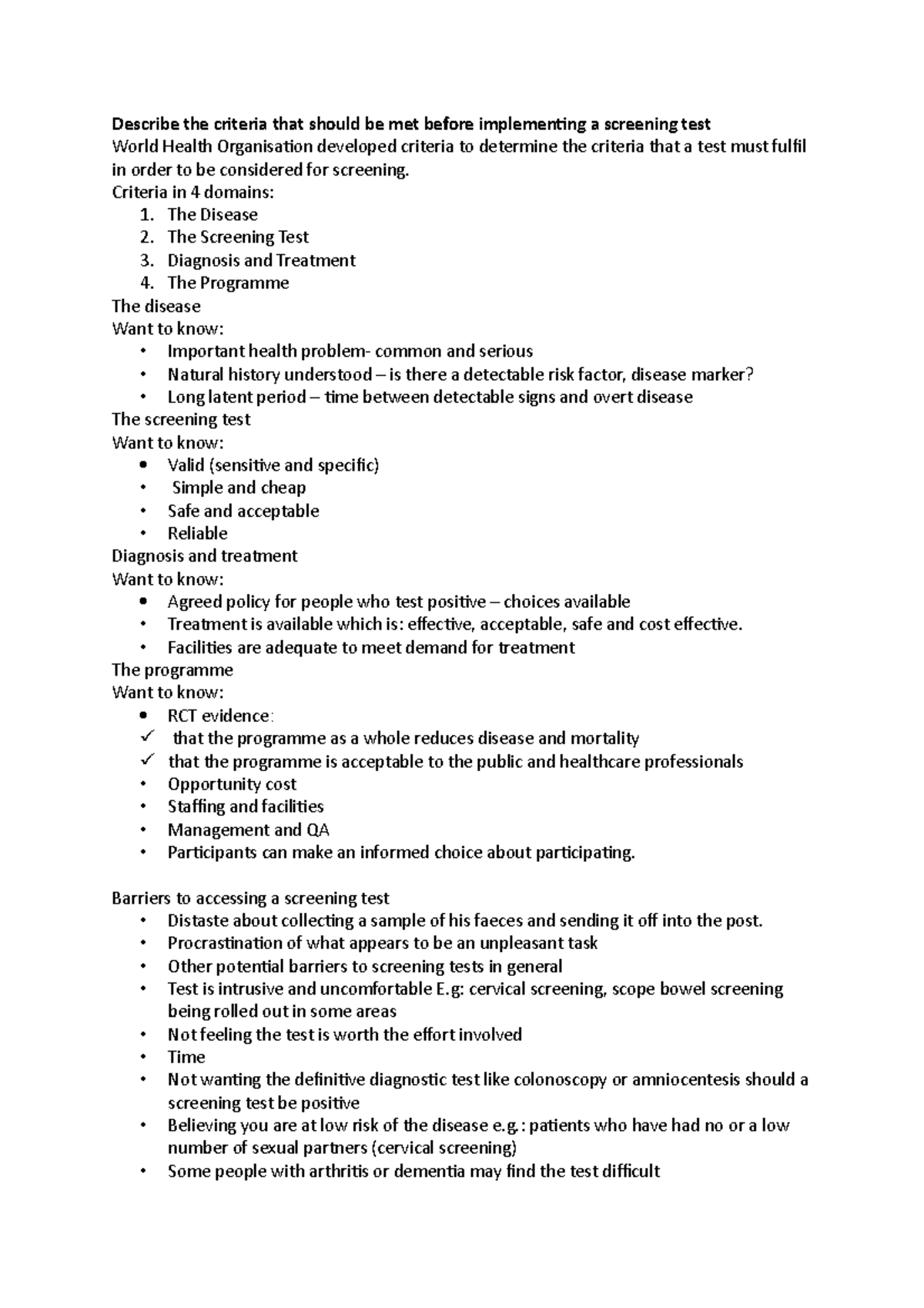 Screening Test Criterion Notes + Pathology - Describe the criteria that ...