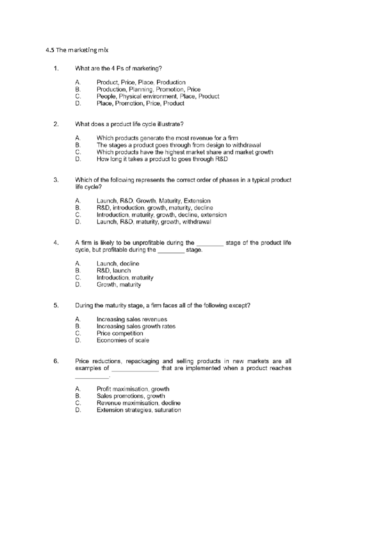 4.5 MCQ - MCQ questions - Marketing Management - 4 The marketing mix ...
