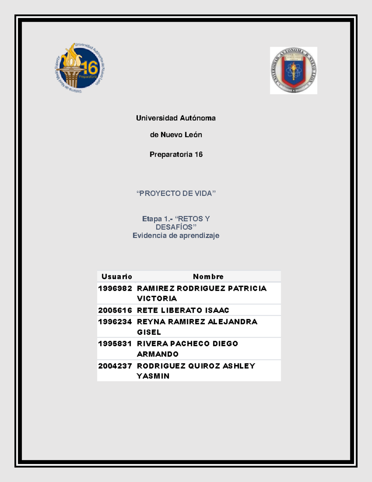 Equipo 8 EV1 Pd V - Evidencia de Aprendizaje de Proyecto de Vida - Universidad Autónoma de Nuevo ...