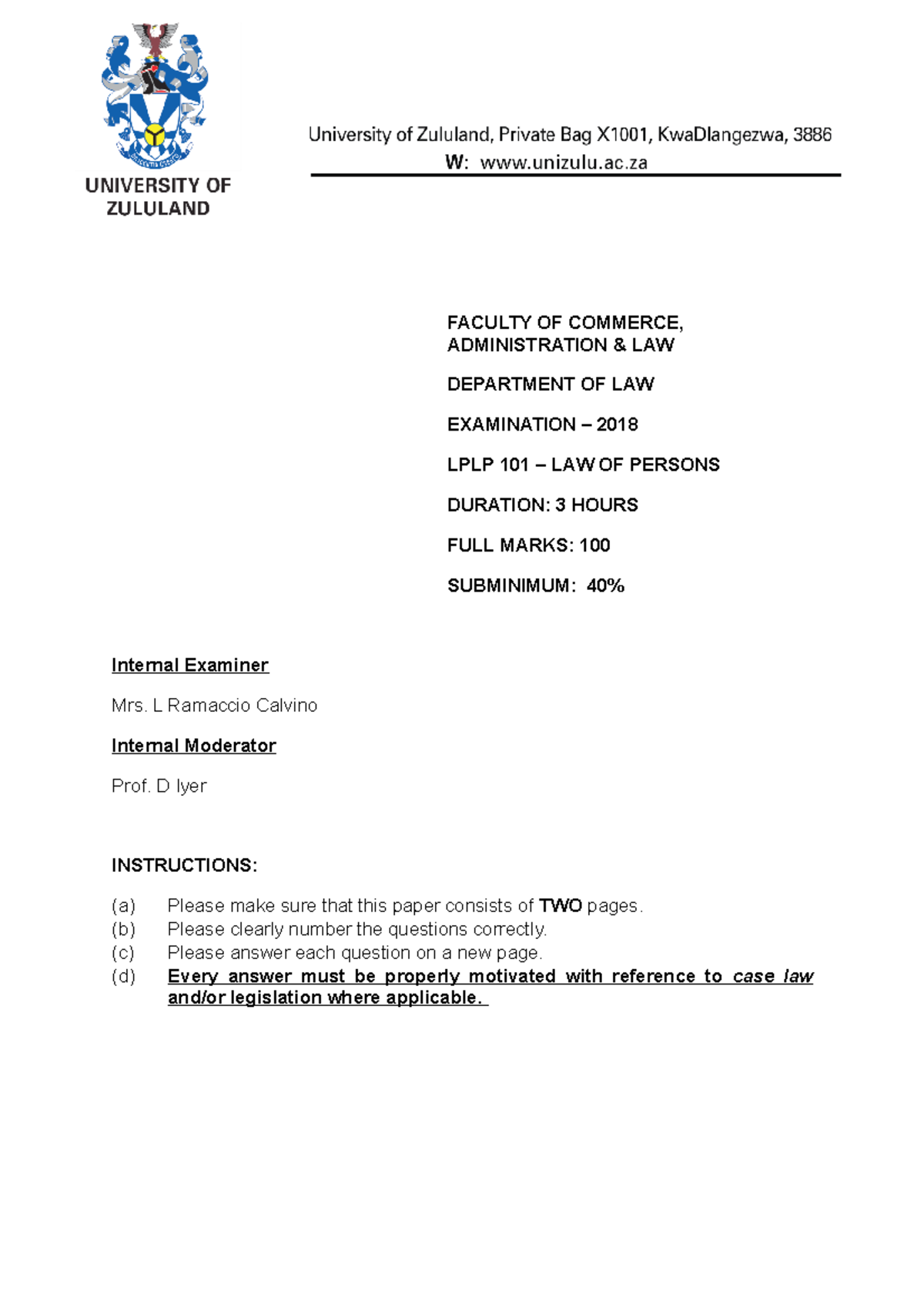 Exam paper 2018 - FACULTY OF COMMERCE, ADMINISTRATION & LAW DEPARTMENT ...