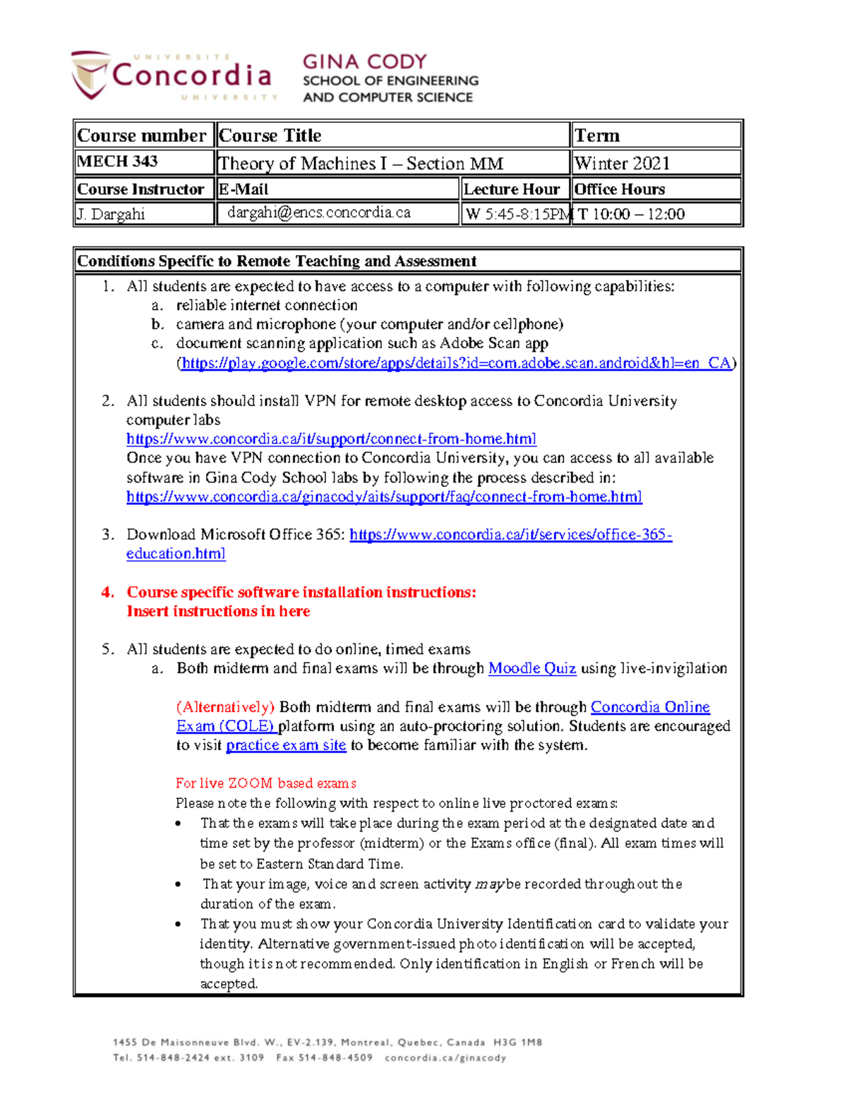 MECH 343 Course Outline - Course number Course Title Term MECH 343 ...