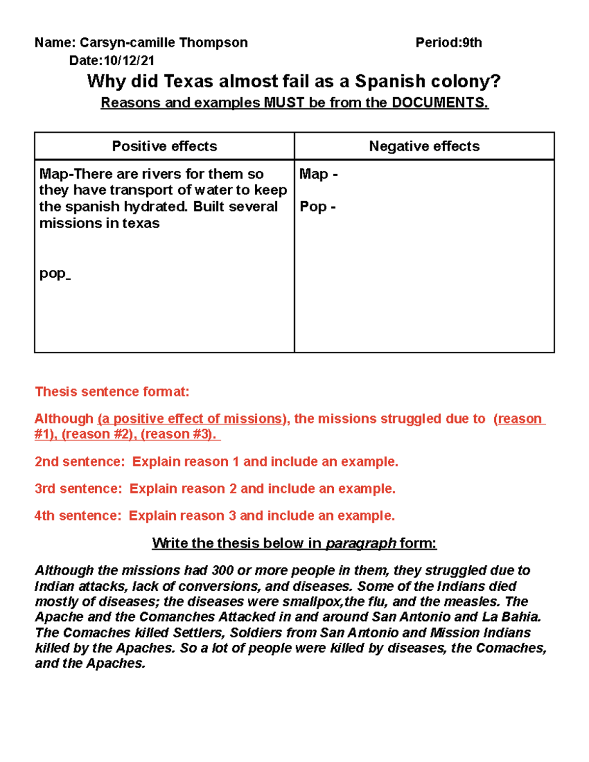 Thesis Why did Texas almost fail as a Spanish colony - Name: Carsyn ...