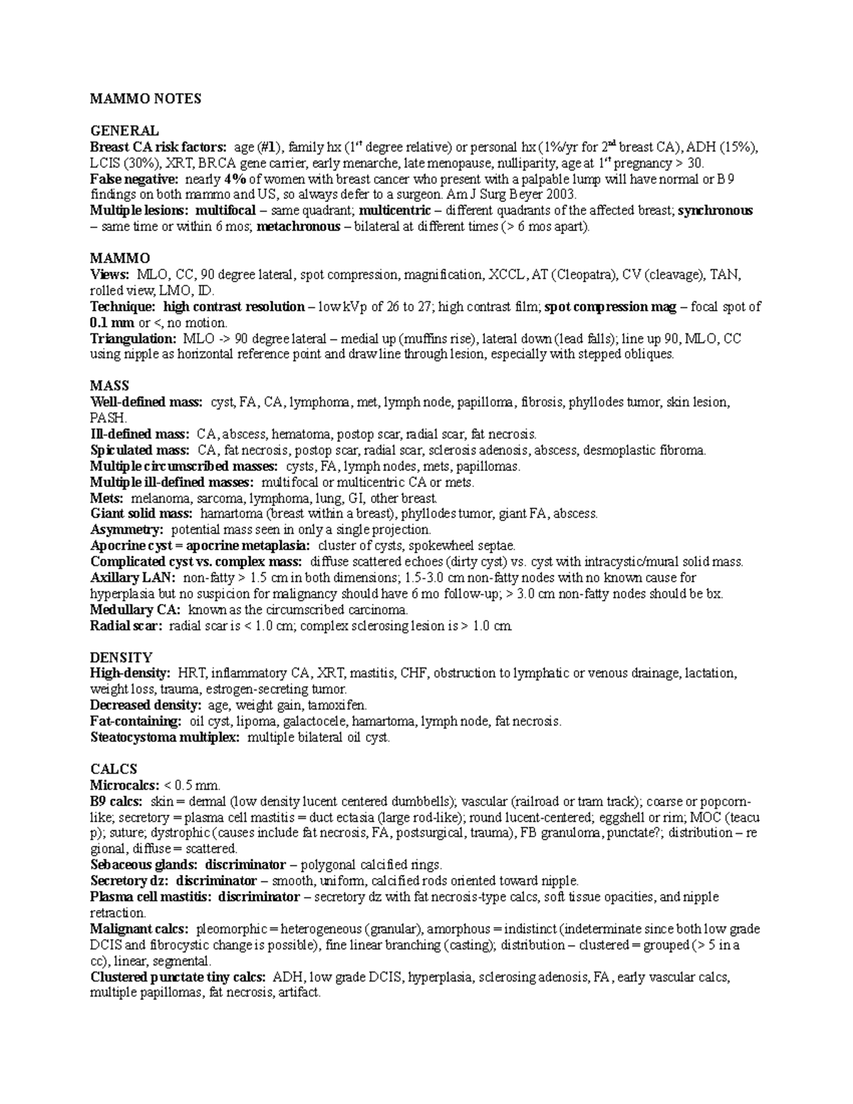 Mammo Notes - MAMMO NOTES GENERAL Breast CA risk factors: age ( #1 ...