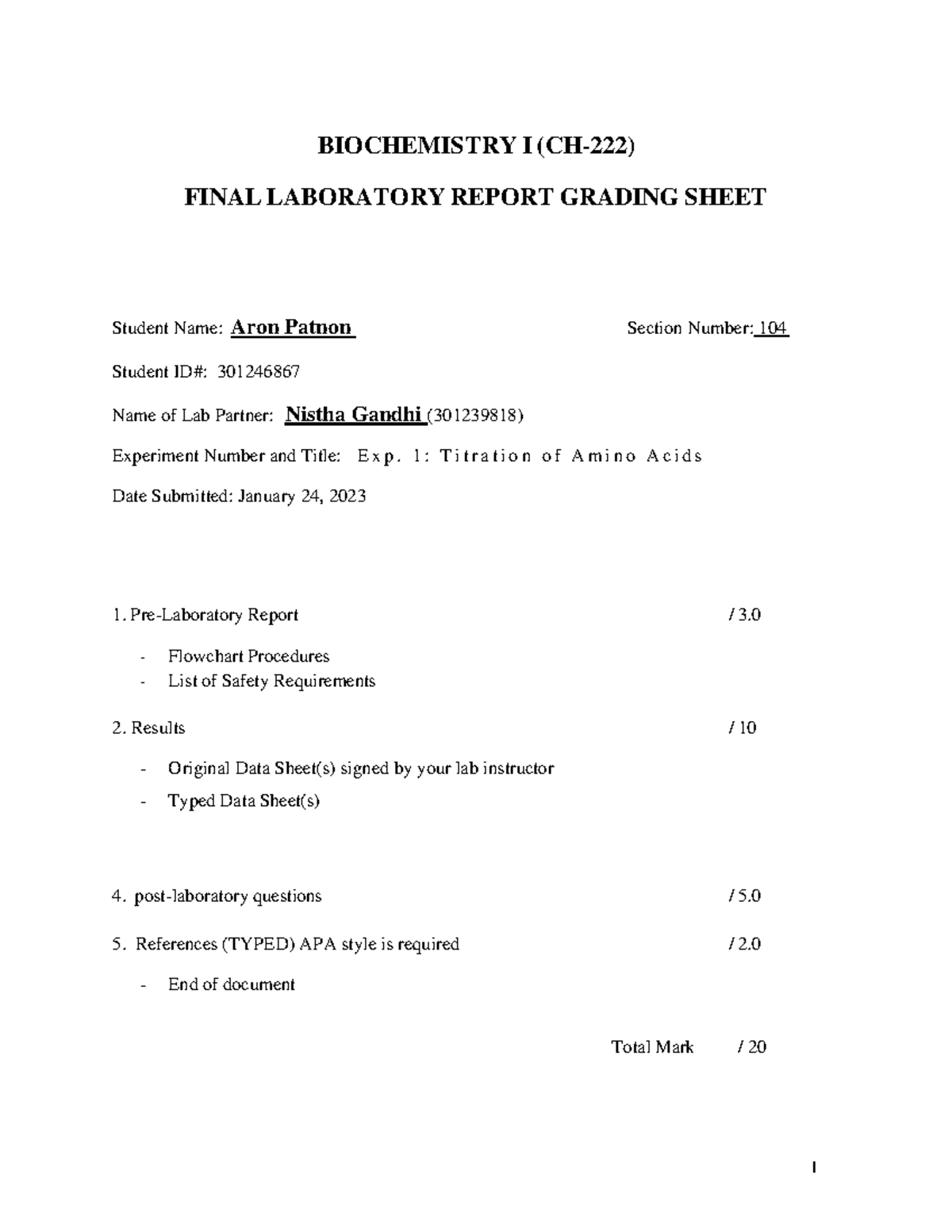 Experiment No. 1 Laboratory Report - BIOCHEMISTRY I (CH-222) FINAL ...