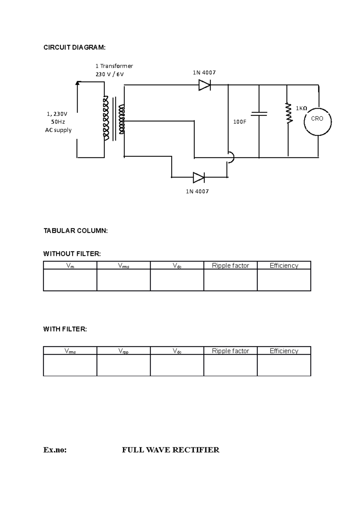 Full Wave Rectifier - CIRCUIT DIAGRAM: TABULAR COLUMN: WITHOUT FILTER ...