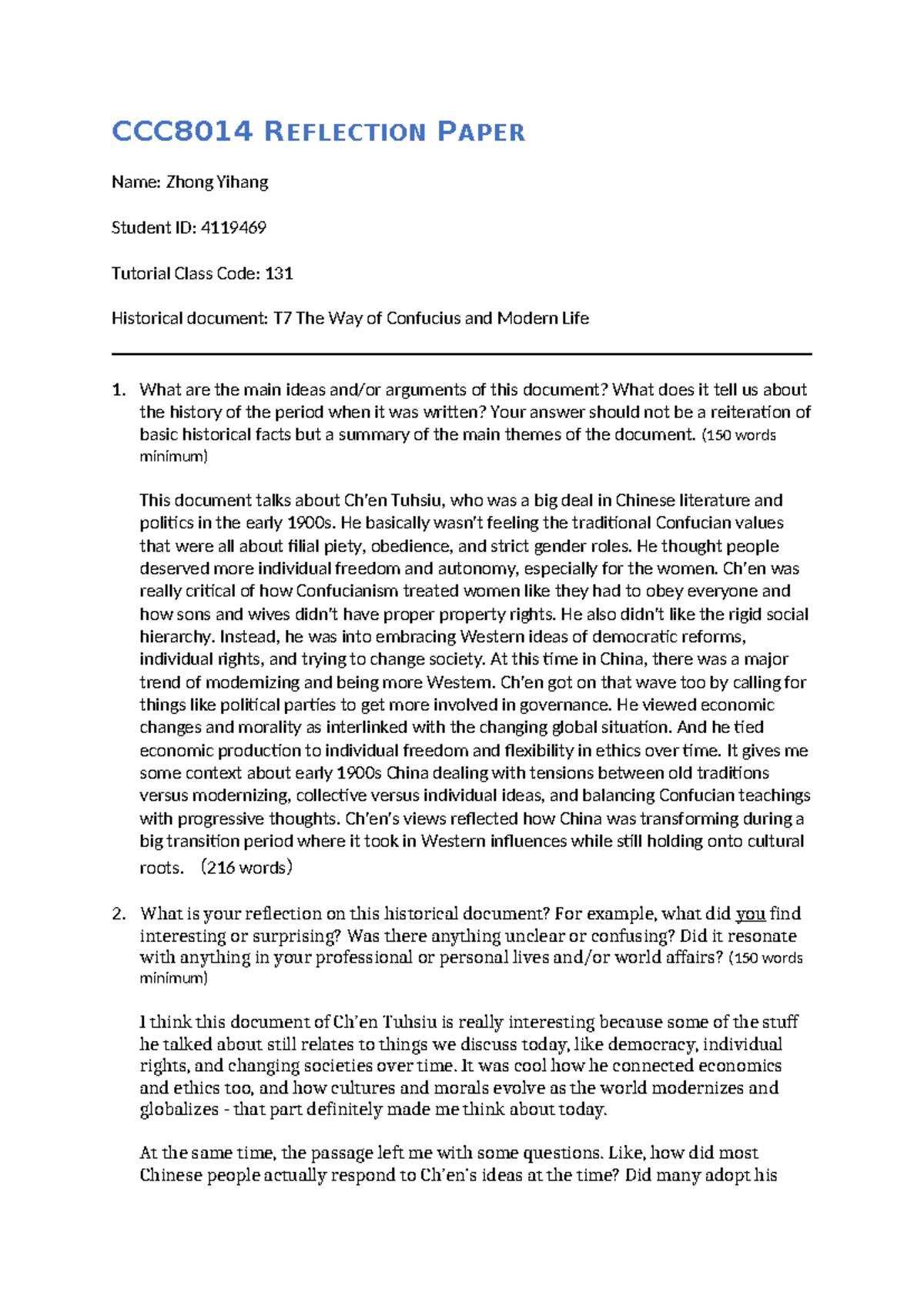 Reflection Paper Template 7 - CCC8014 REFLECTION PAPER Name: Zhong ...