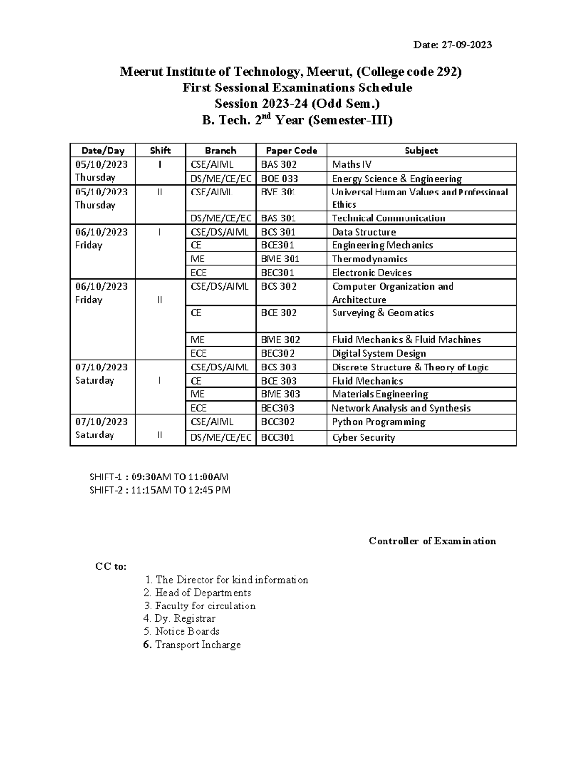 Datesheet 2nd Year - Btech - Date: 27-09- Meerut Institute of ...
