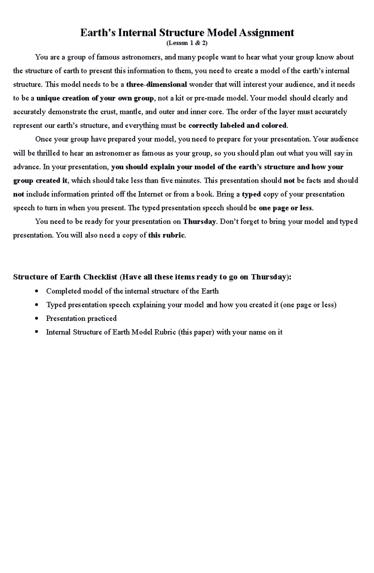 Solar System Model Rubric - Earth’s Internal Structure Model Assignment ...
