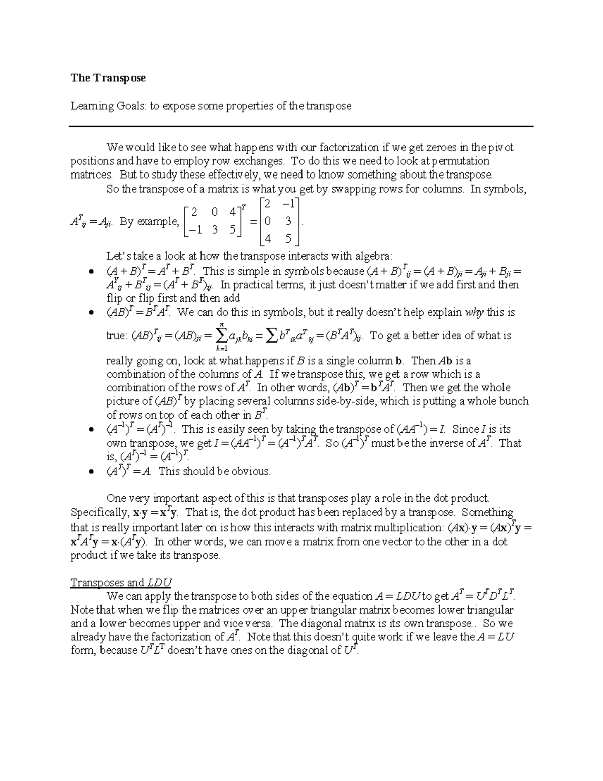 16 The Transpose - The Transpose Learning Goals: to expose some ...
