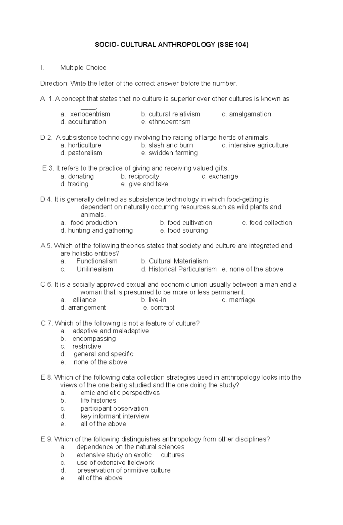 LONG QUIZ SCA - Long quiz in Socio-Cultural Anthropology - PangSU - Studocu