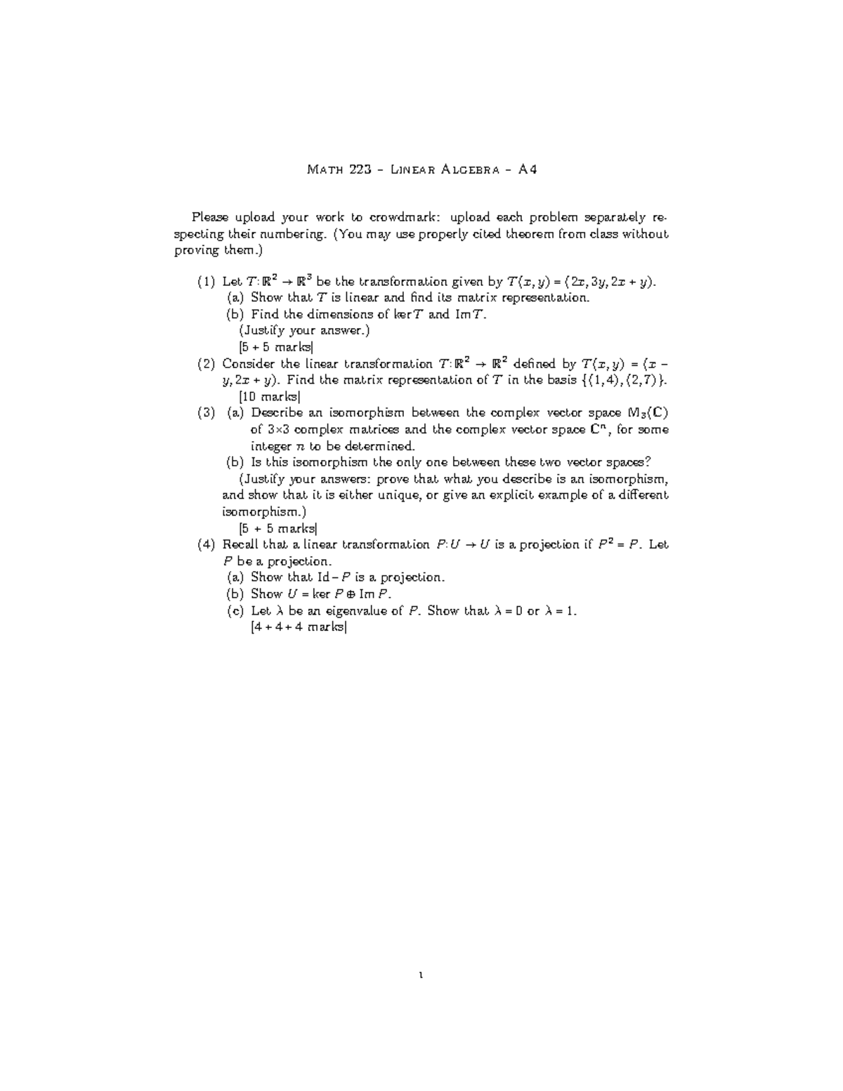 Math223-A4 - assignment 4 - Math 223 – Linear Algebra – A Please upload ...