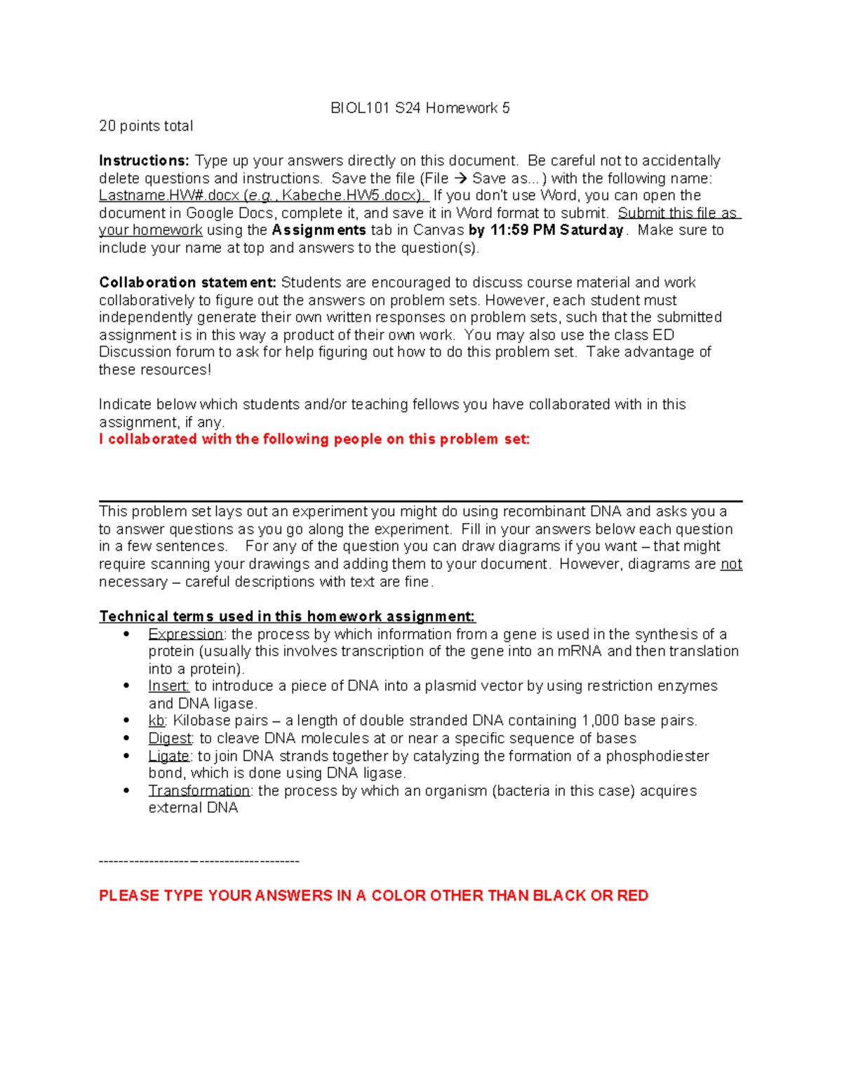 BIOL 101 S24 HW5 - BIOL101 S24 Homework 5 20 points total Instructions ...