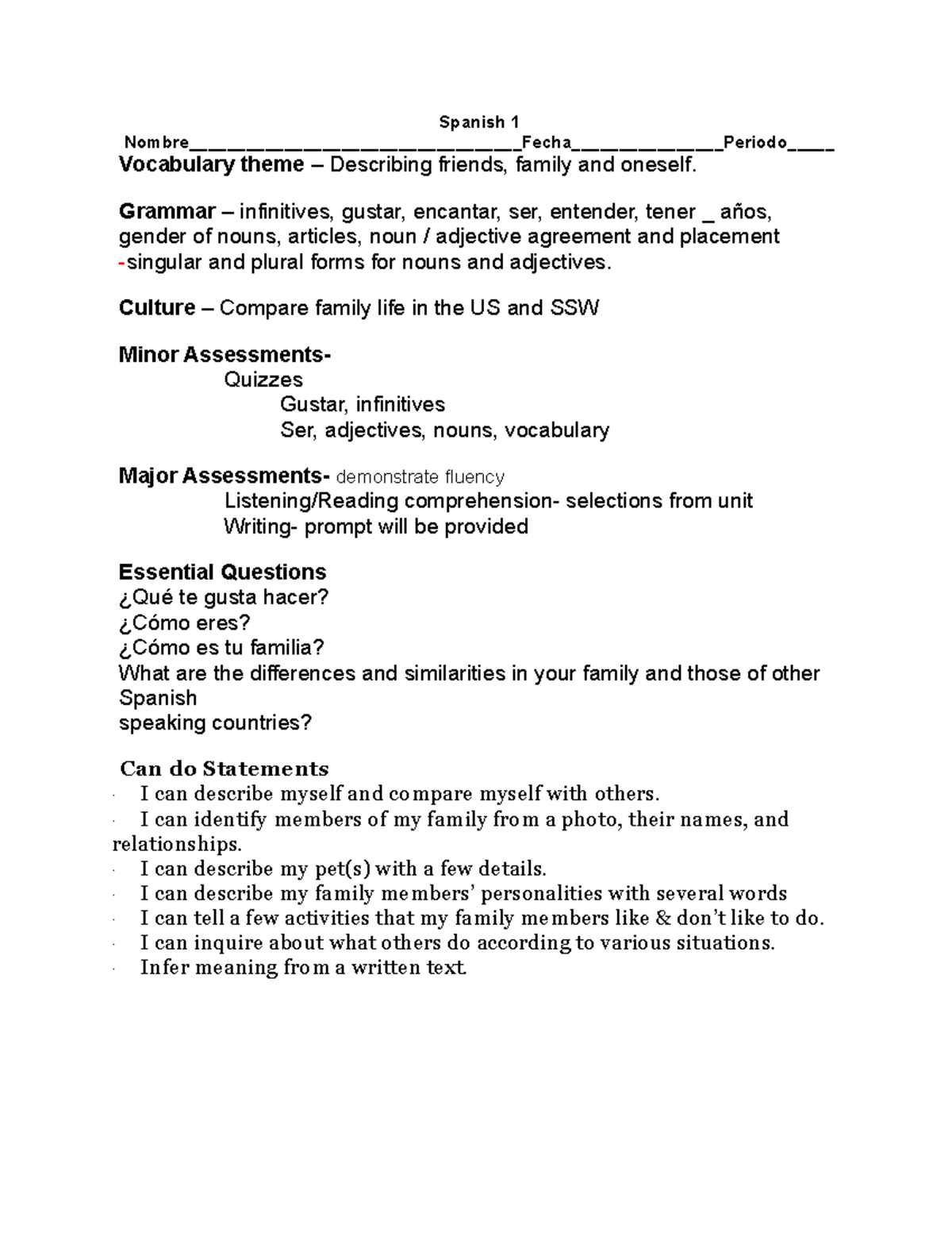 Vocabulary Unidad 1 Spanish 1 ar verbs first period - Spanish 1 - Studocu