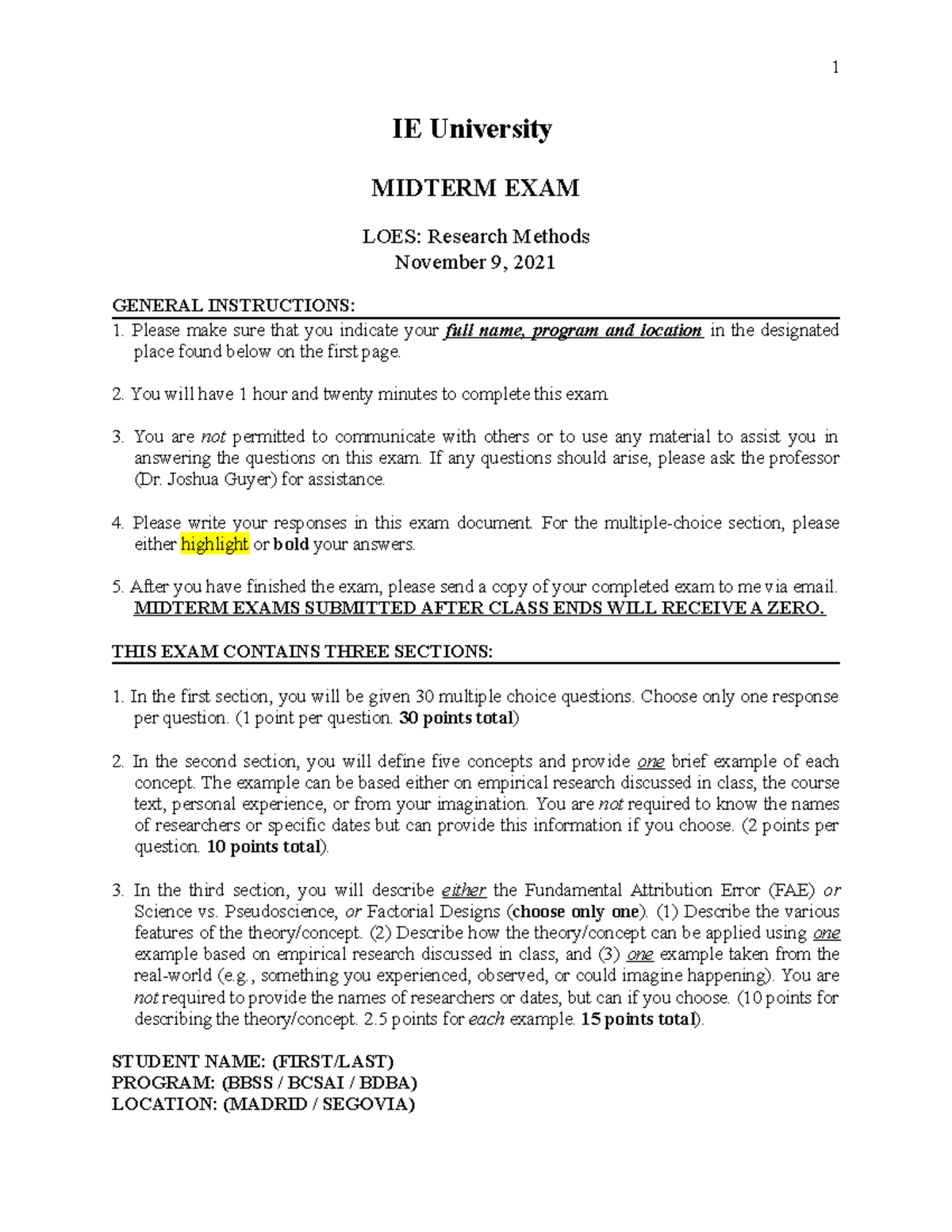 Midterm EXAM - Research Methods (IE Fall 2021) - IE University MIDTERM ...