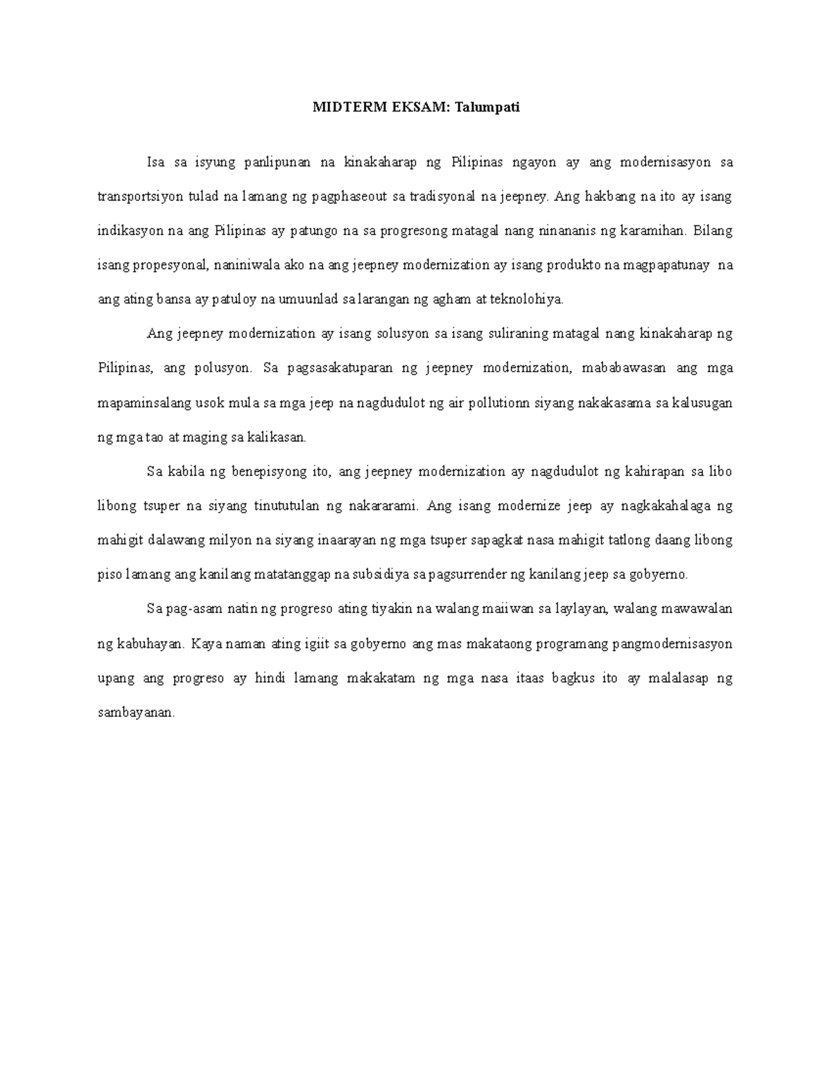 Midterm Eksam Talumpati - MIDTERM EKSAM: Talumpati Isa sa isyung panlipunan na kinakaharap ng ...