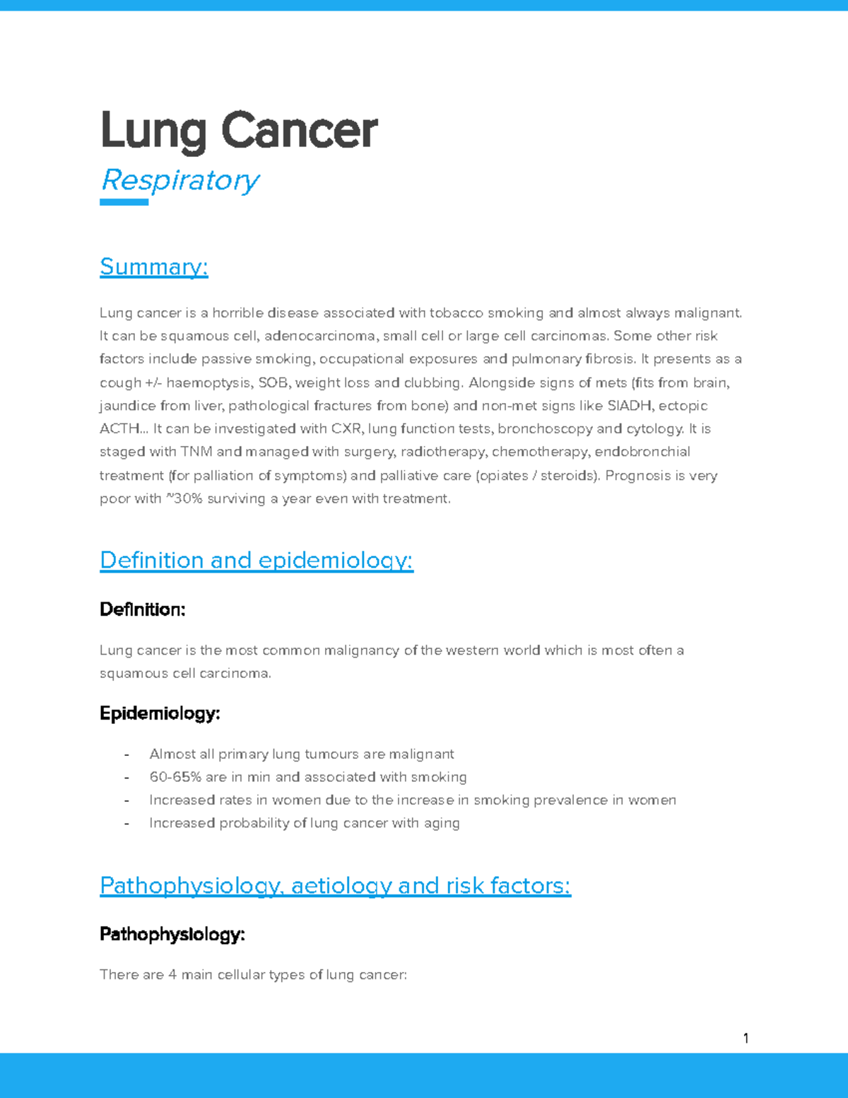 Lung Cancer - Lung Cancer Respiratory Summary: Lung cancer is a ...