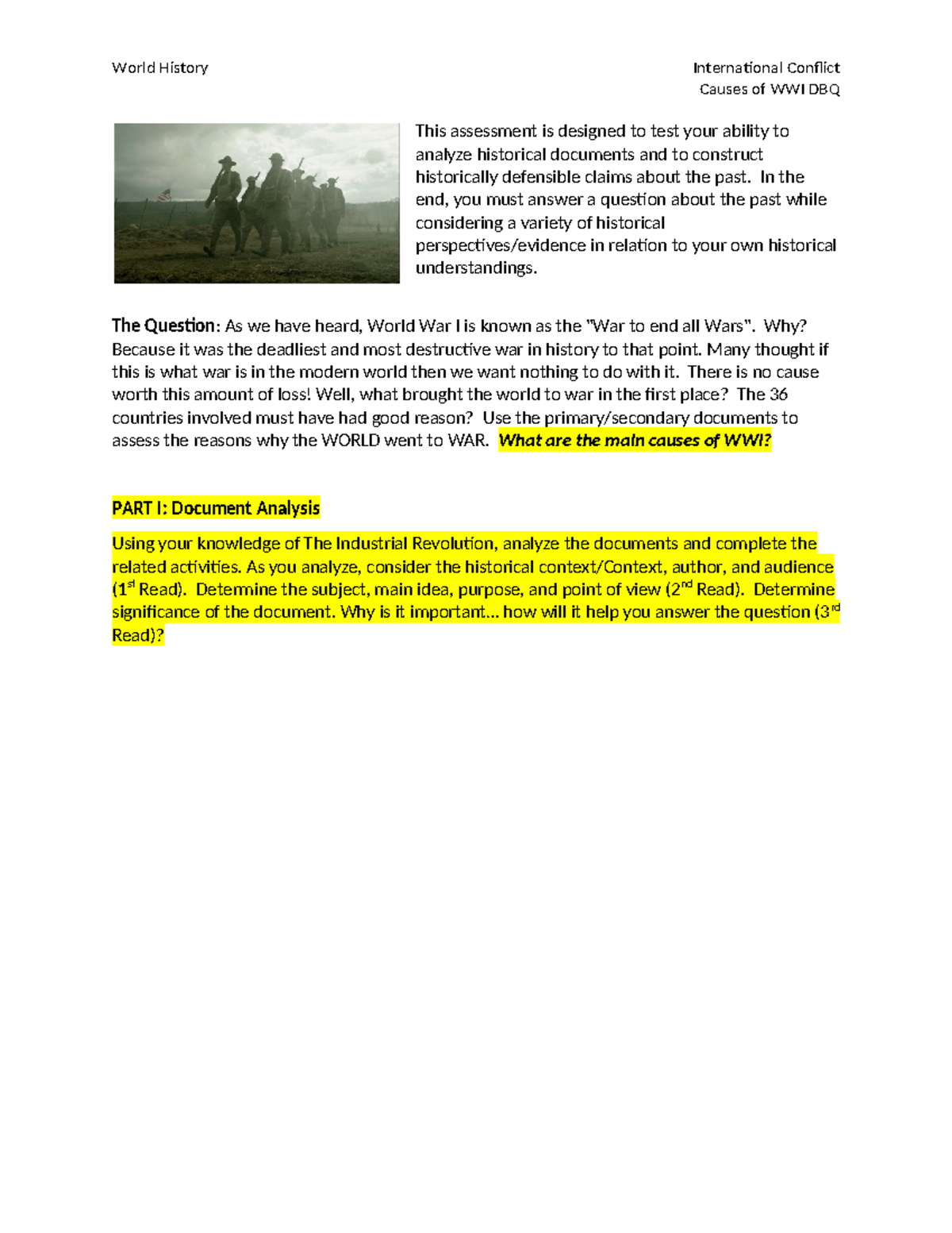 World war 1 causes - Causes of WWI DBQ This assessment is designed to ...