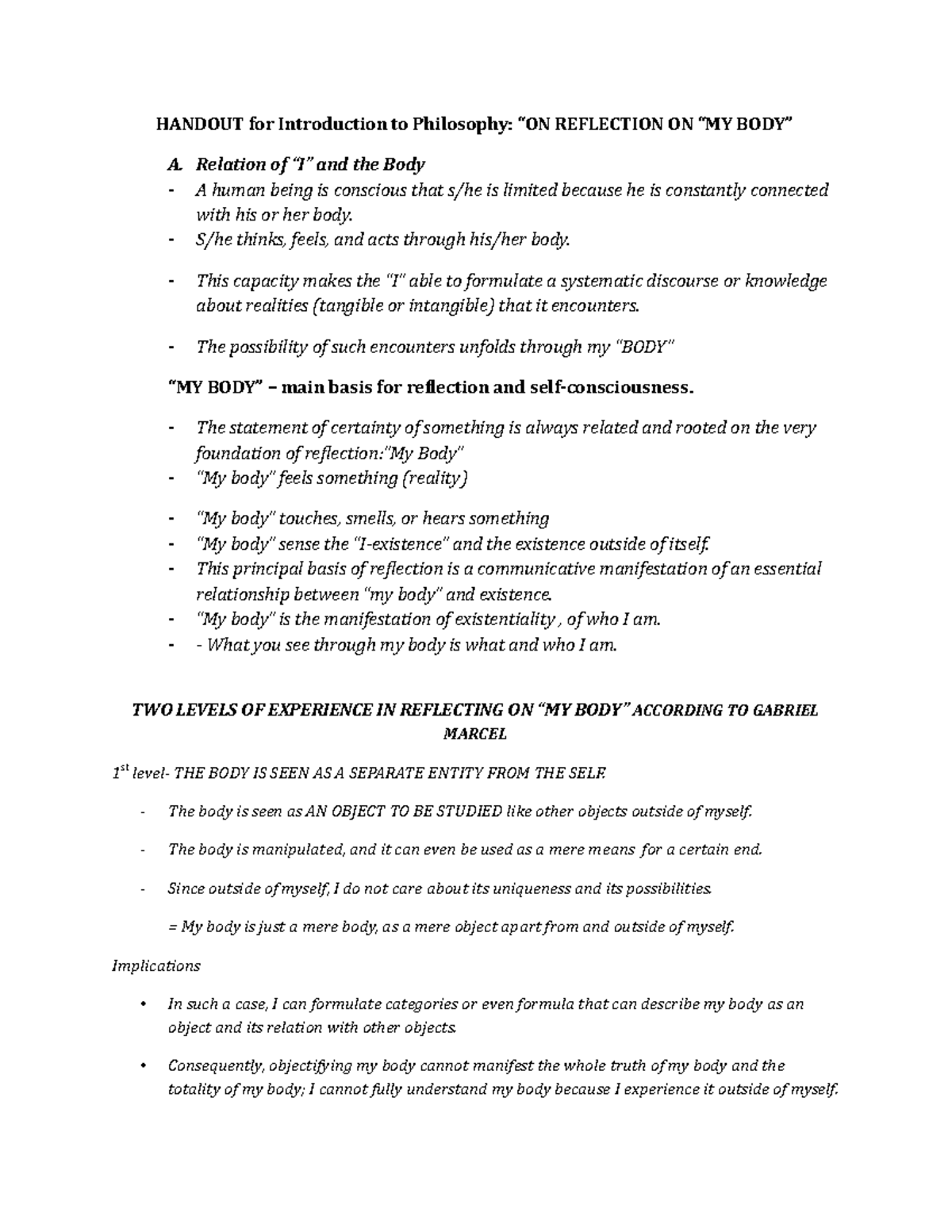 On reflection on Body - lecture - HANDOUT for Introduction to ...