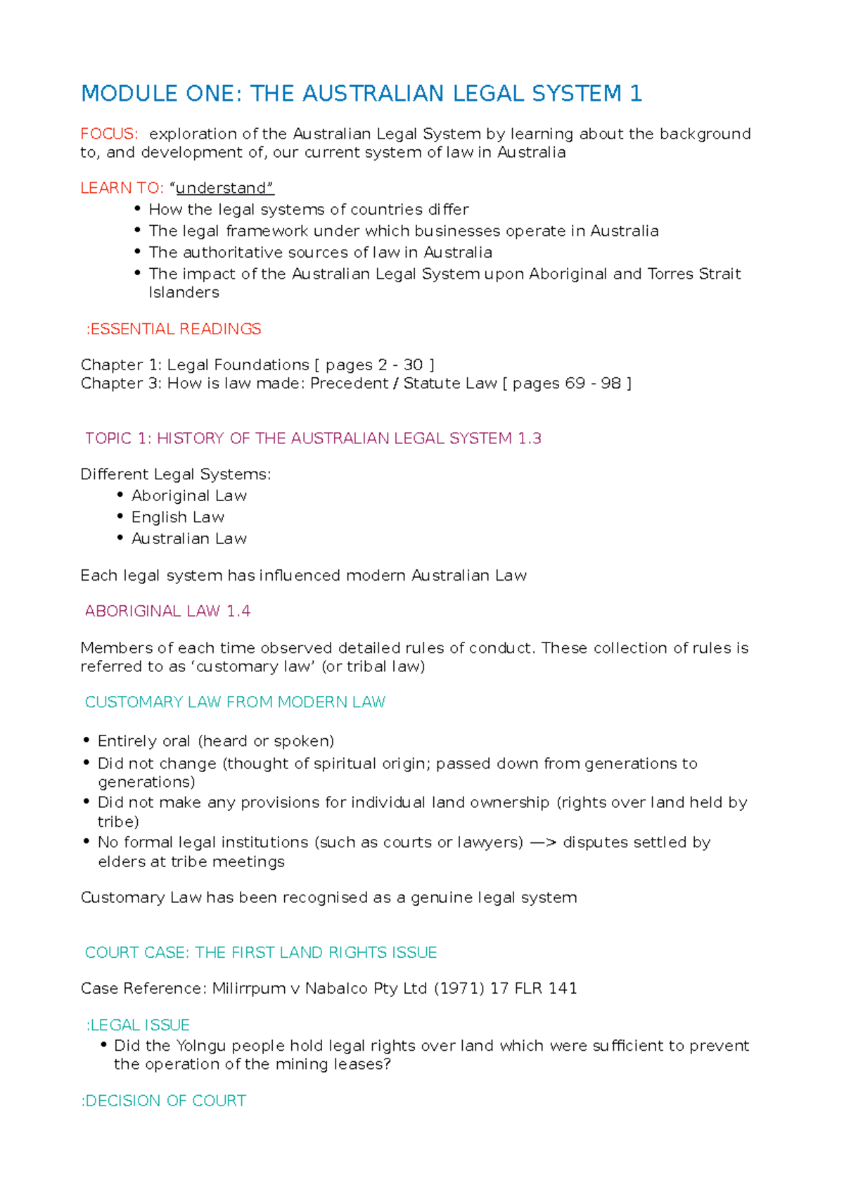 Australian Legal History - MODULE ONE: THE AUSTRALIAN LEGAL SYSTEM 1 ...