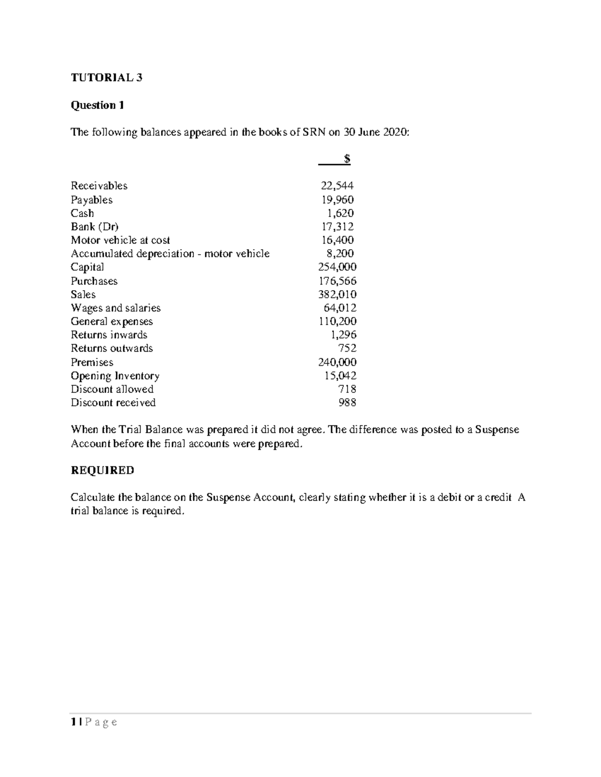 Additional Tutorial 3 st - 1 | P a g e TUTORIAL 3 Question 1 The following balances appeared in ...