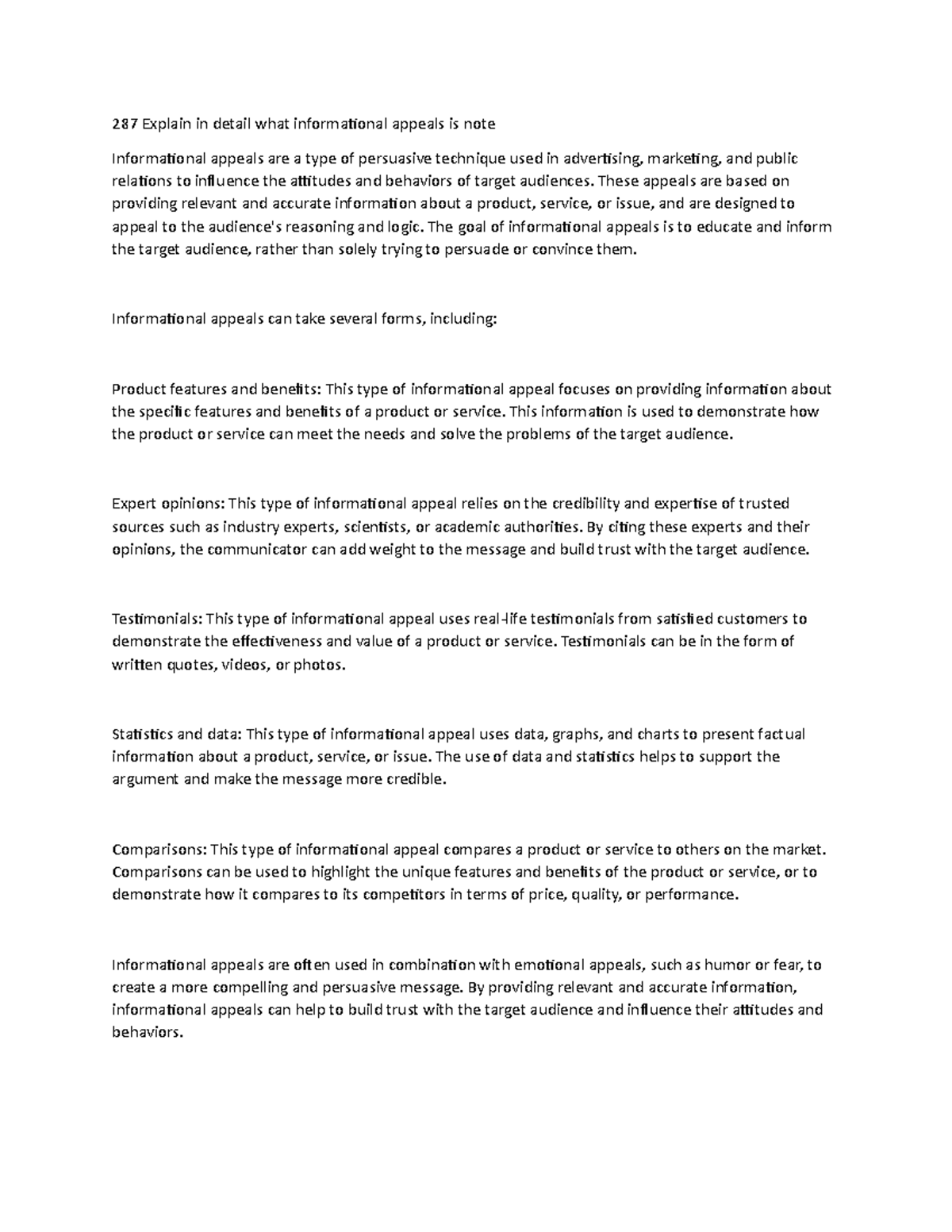287 Explain in detail what informational appeals is note - These ...