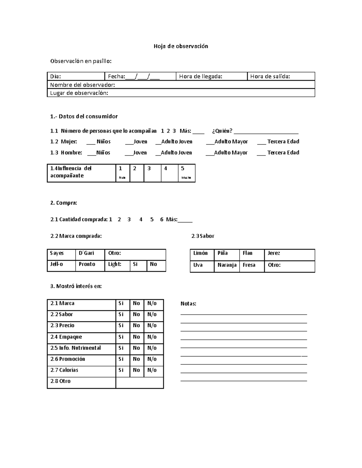 Hoja de observación - Notas ...